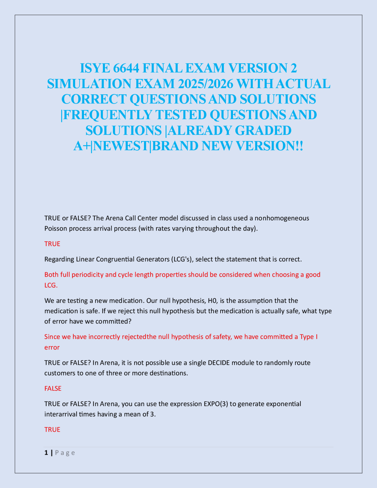 ISYE 6644 FINAL EXAM VERSION 2 SIMULATION EXAM 2025/2026 | Exams Engineering | Docsity