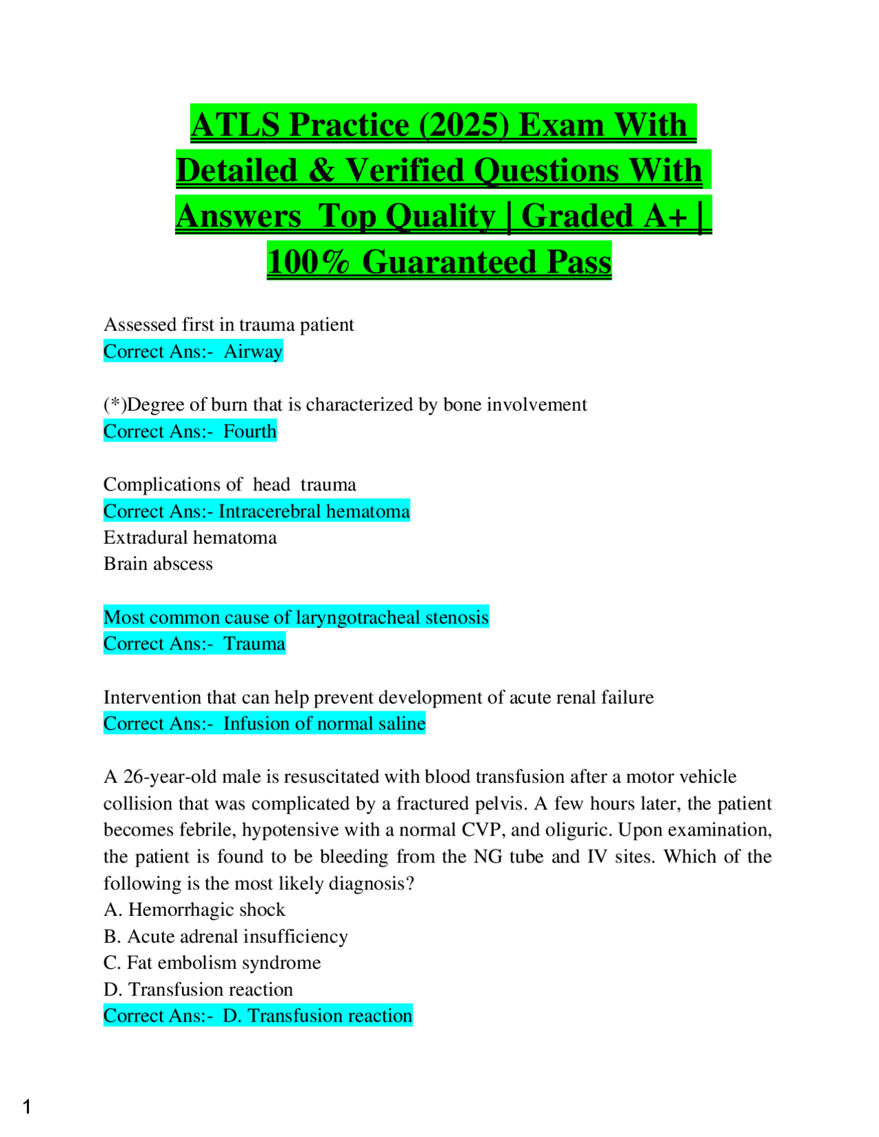 ATLS Practice (2025) Exam With Detailed & Verified Questions With ...