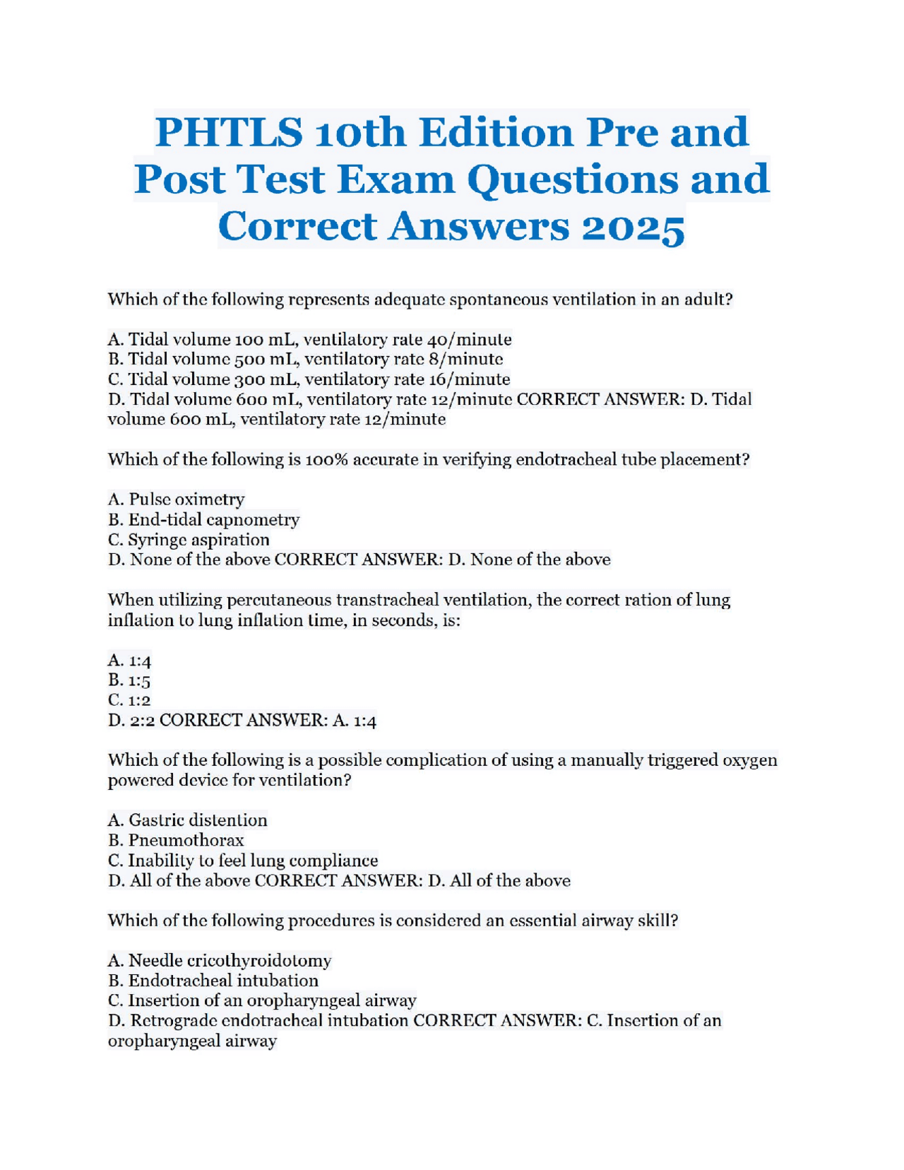 Phtls 10th Edition Pre and Post Test Exam Questions with Correct ...