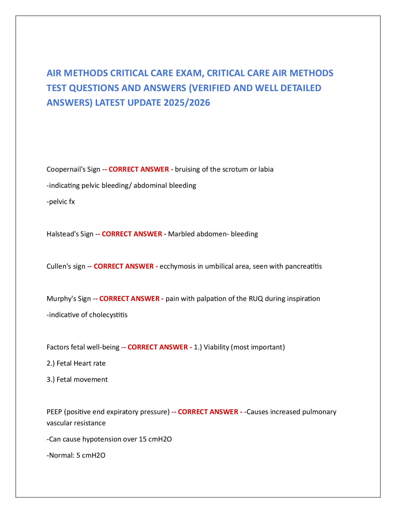 AIR METHODS CRITICAL CARE EXAM, CRITICAL CARE AIR METHODS TEST ...