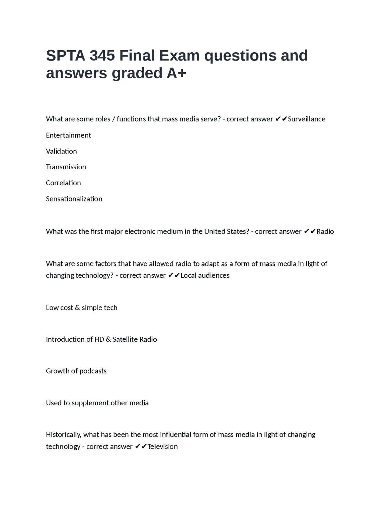 SPTA 345 Final Exam questions and answers graded A+-9.docx | Exams Nursing | Docsity