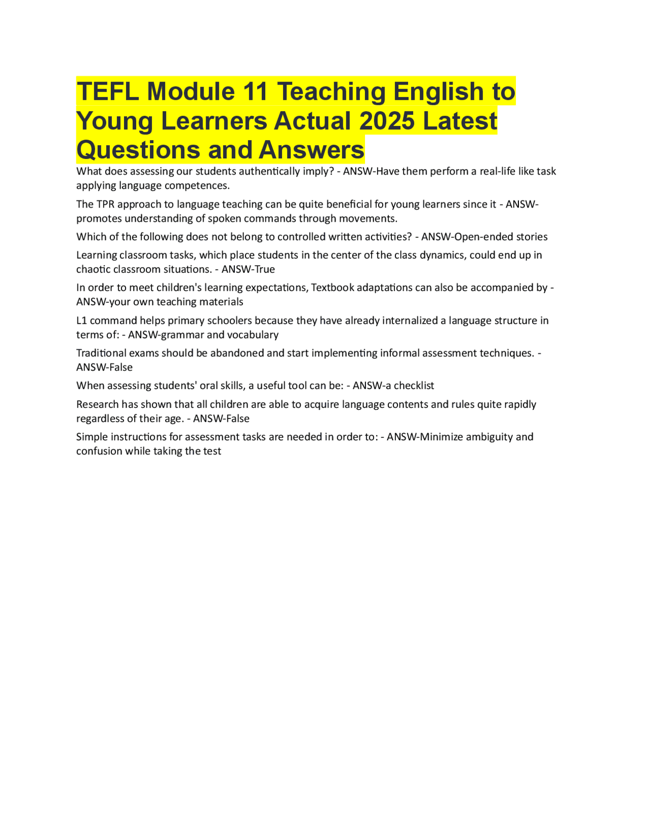 TEFL Module 11 Teaching English to Young Learners Actual 2025 Latest ...