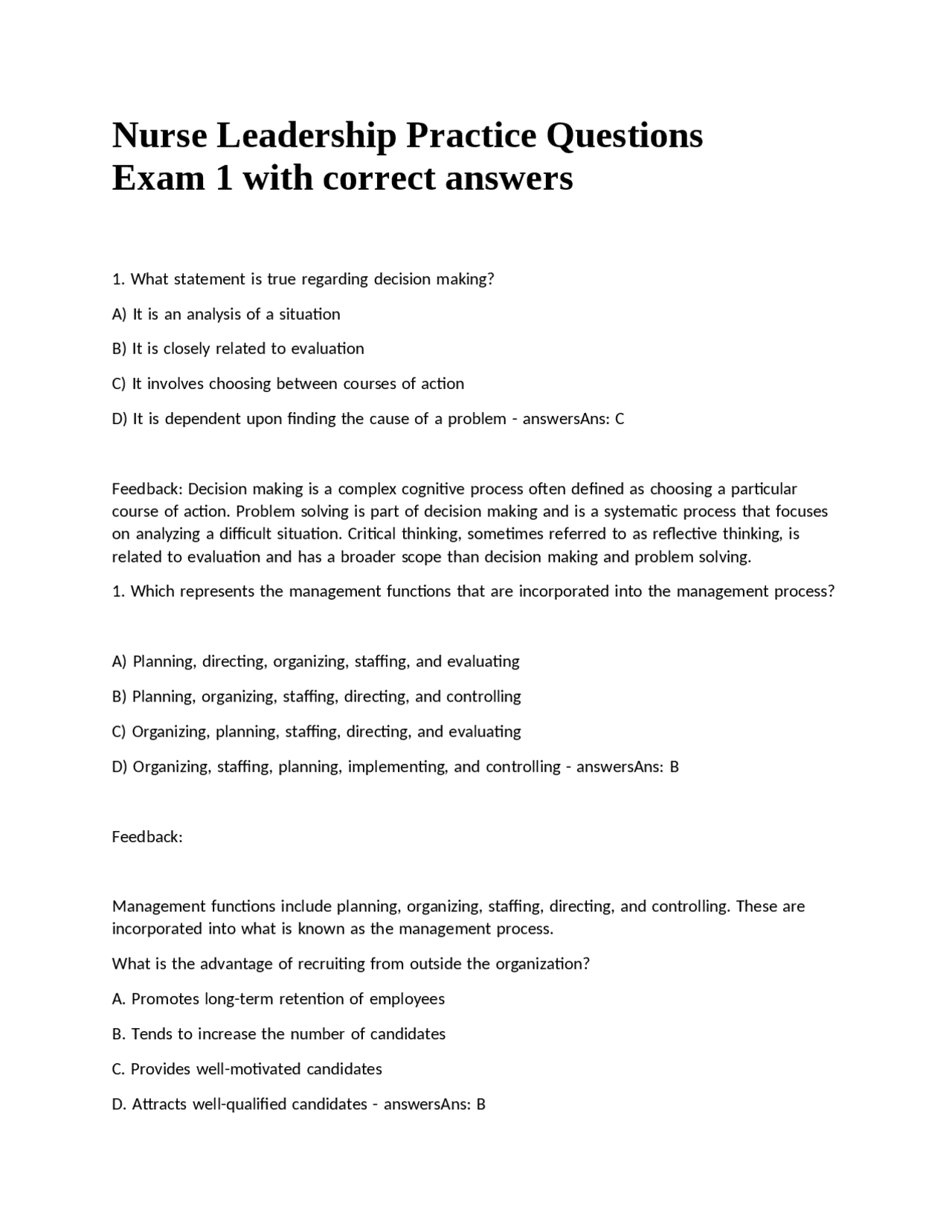 Nurse Leadership Practice Questions Exam 1 with correct answers ...