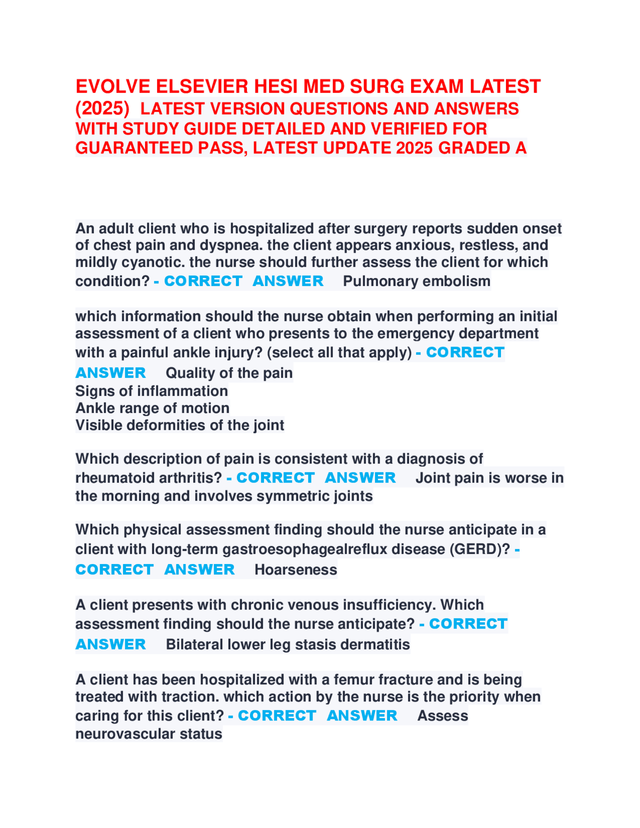 EVOLVE ELSEVIER HESI MED SURG EXAM LATEST (2025) LATEST VERSION ...