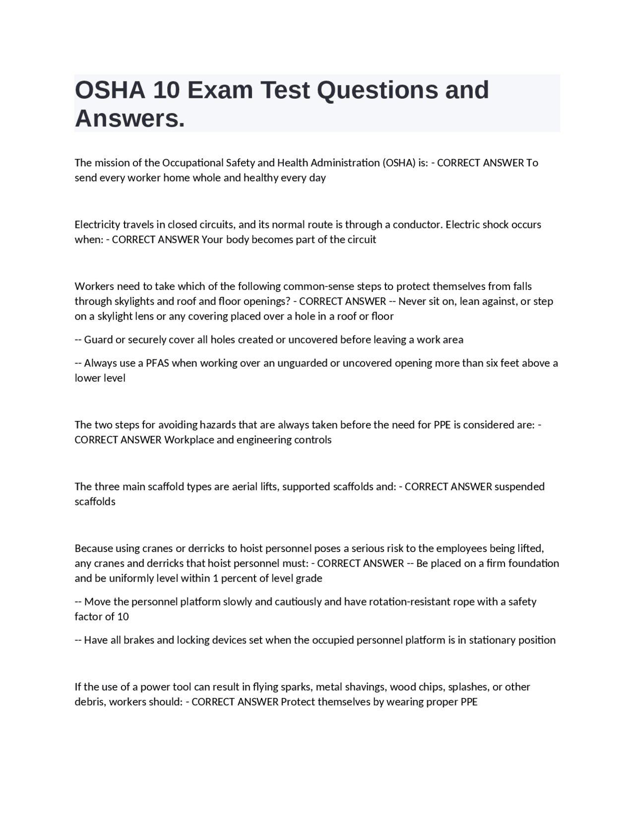 OSHA 10 Exam Test Questions and Answers. | Exams Nursing | Docsity