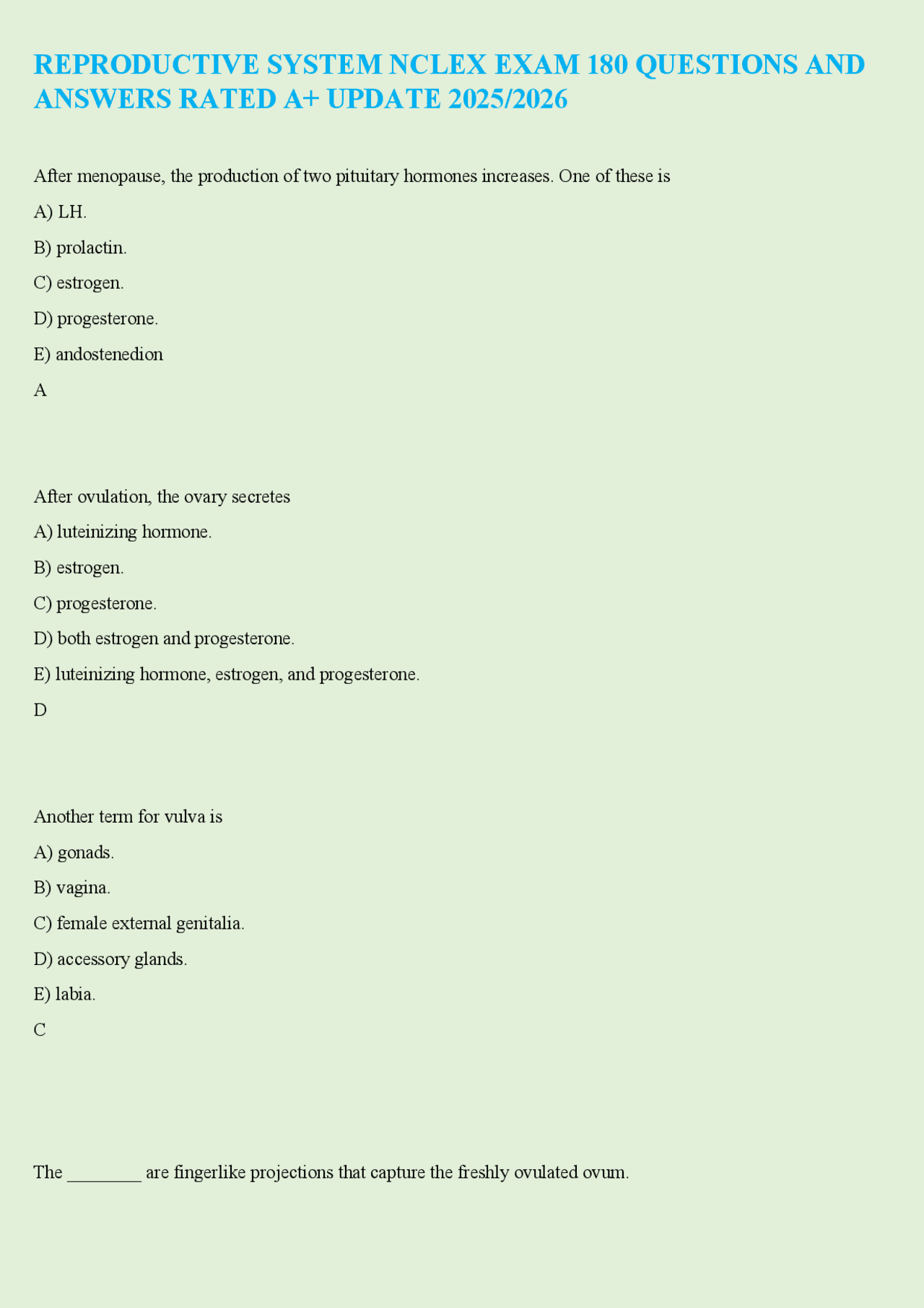 REPRODUCTIVE SYSTEM NCLEX EXAM 180 QUESTIONS AND ANSWERS RATED A+ ...