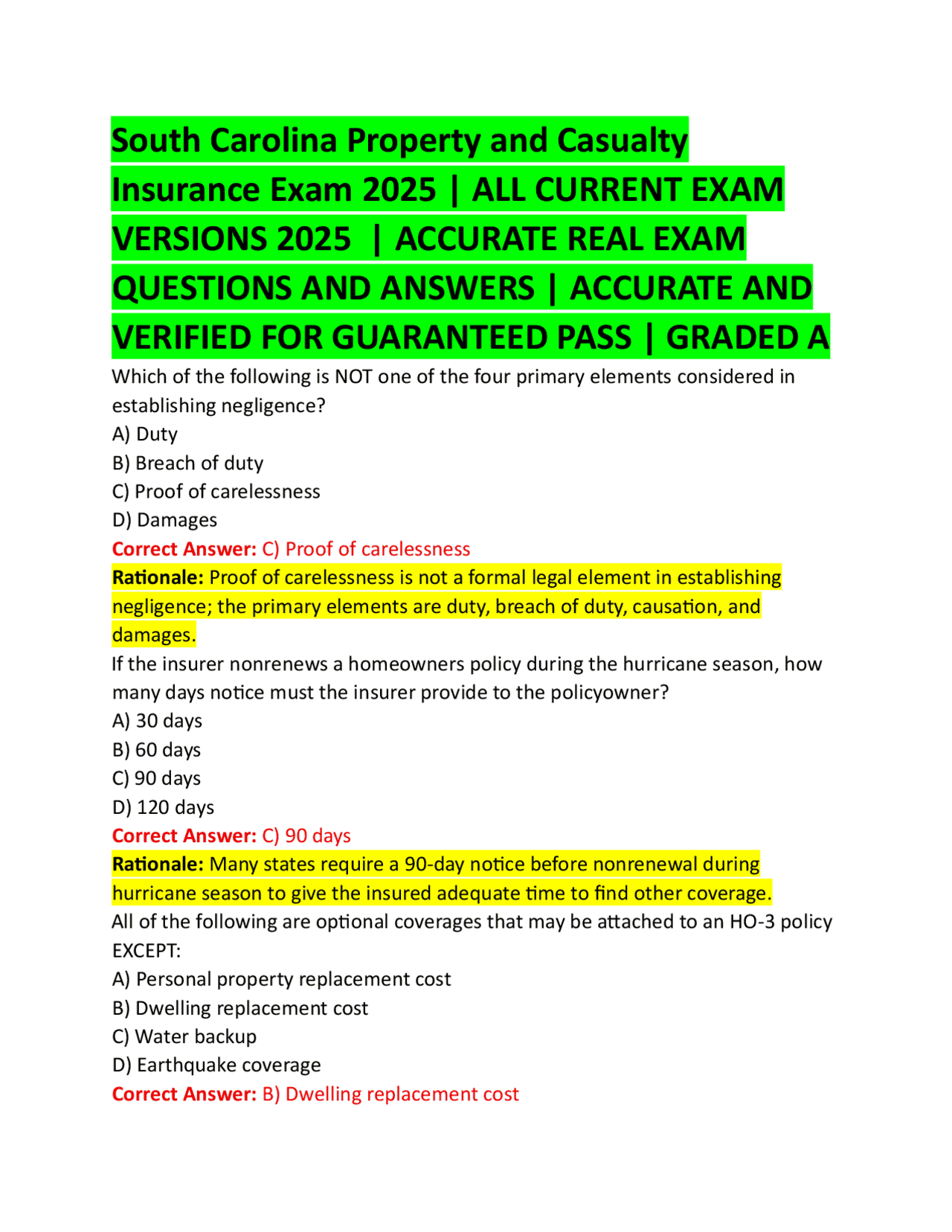 South Carolina Property and Casualty Insurance Exam 2025 | ALL CURRENT ...