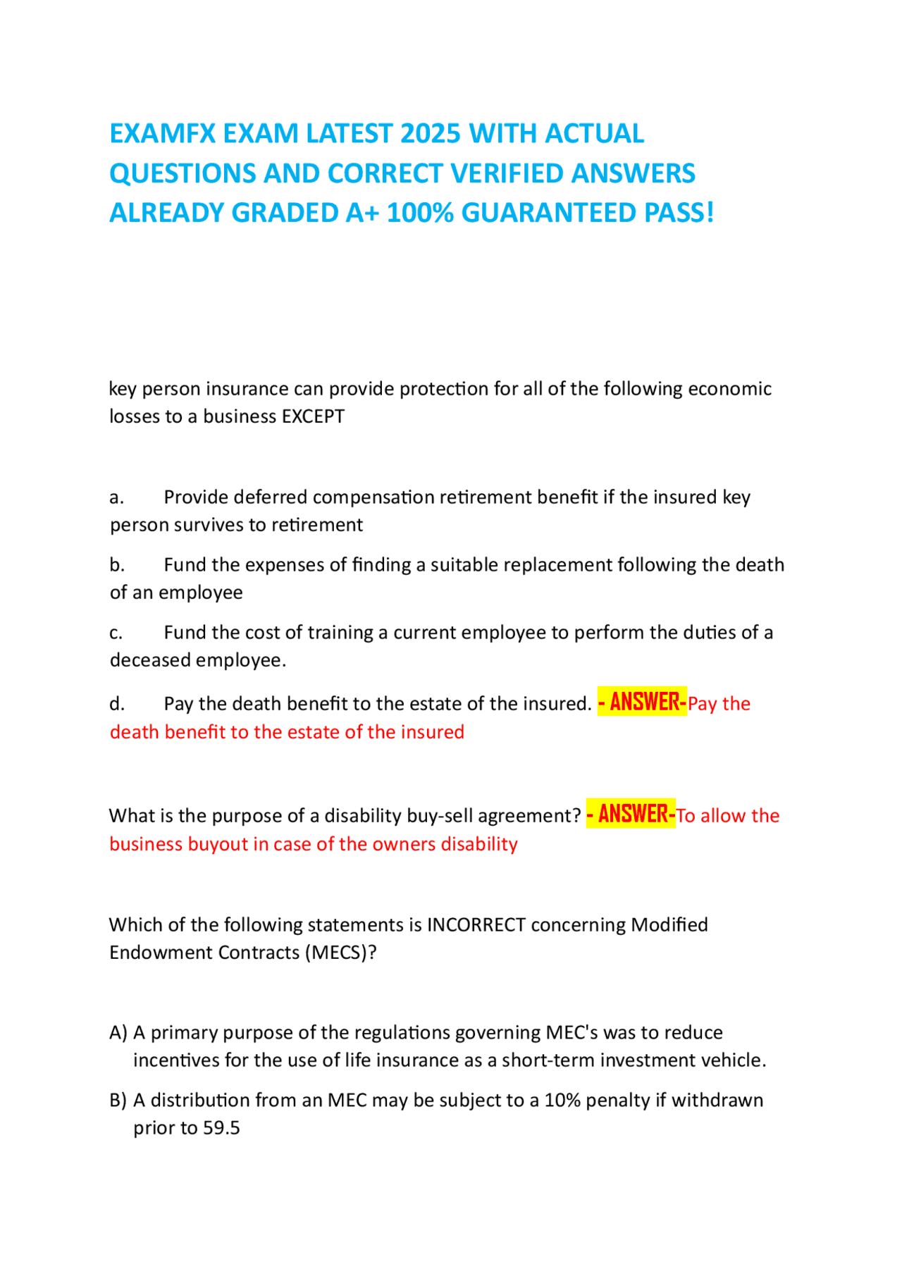 EXAMFX EXAM LATEST 2025 WITH ACTUAL QUESTIONS AND CORRECT VERIFIED ...
