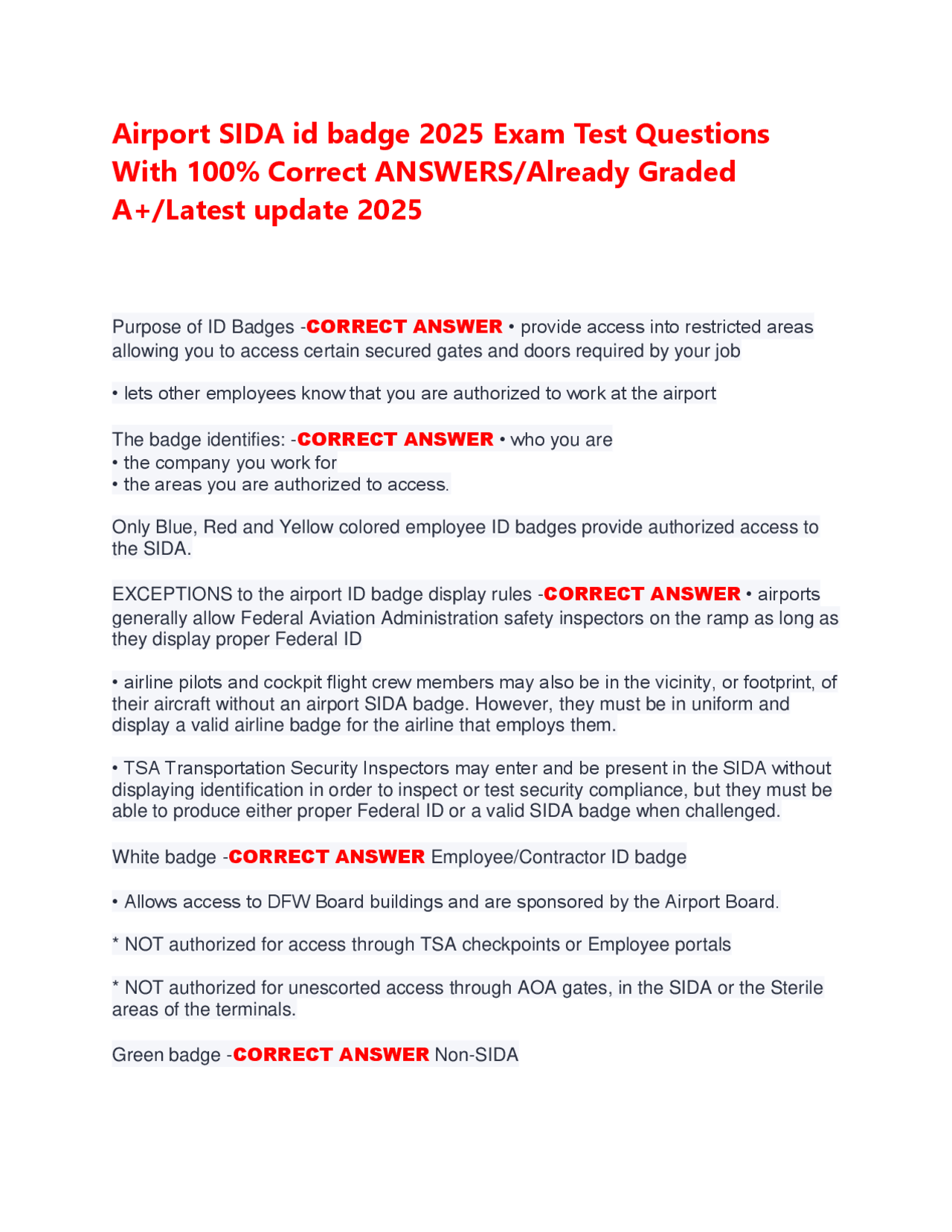 Airport SIDA id badge 2025 Exam Test Questions With 100% Correct ...