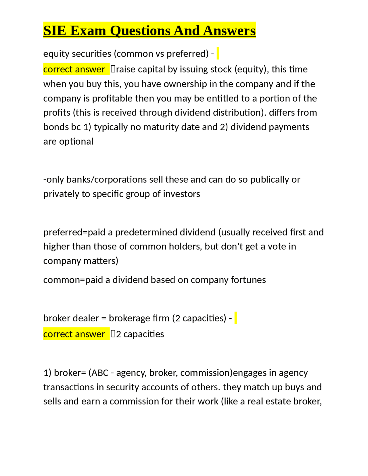 SIE Exam Questions And Answers | Exams Entrepreneurship | Docsity