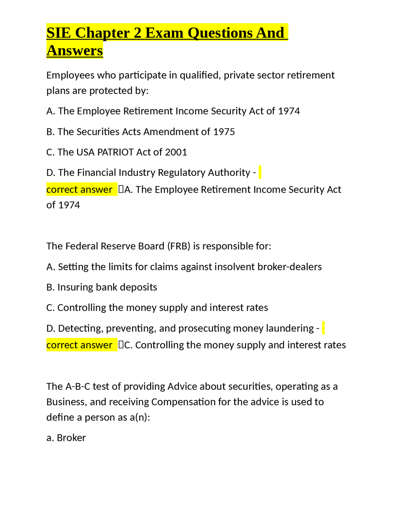 SIE Chapter 2 Exam Questions And Answers | Exams Entrepreneurship | Docsity