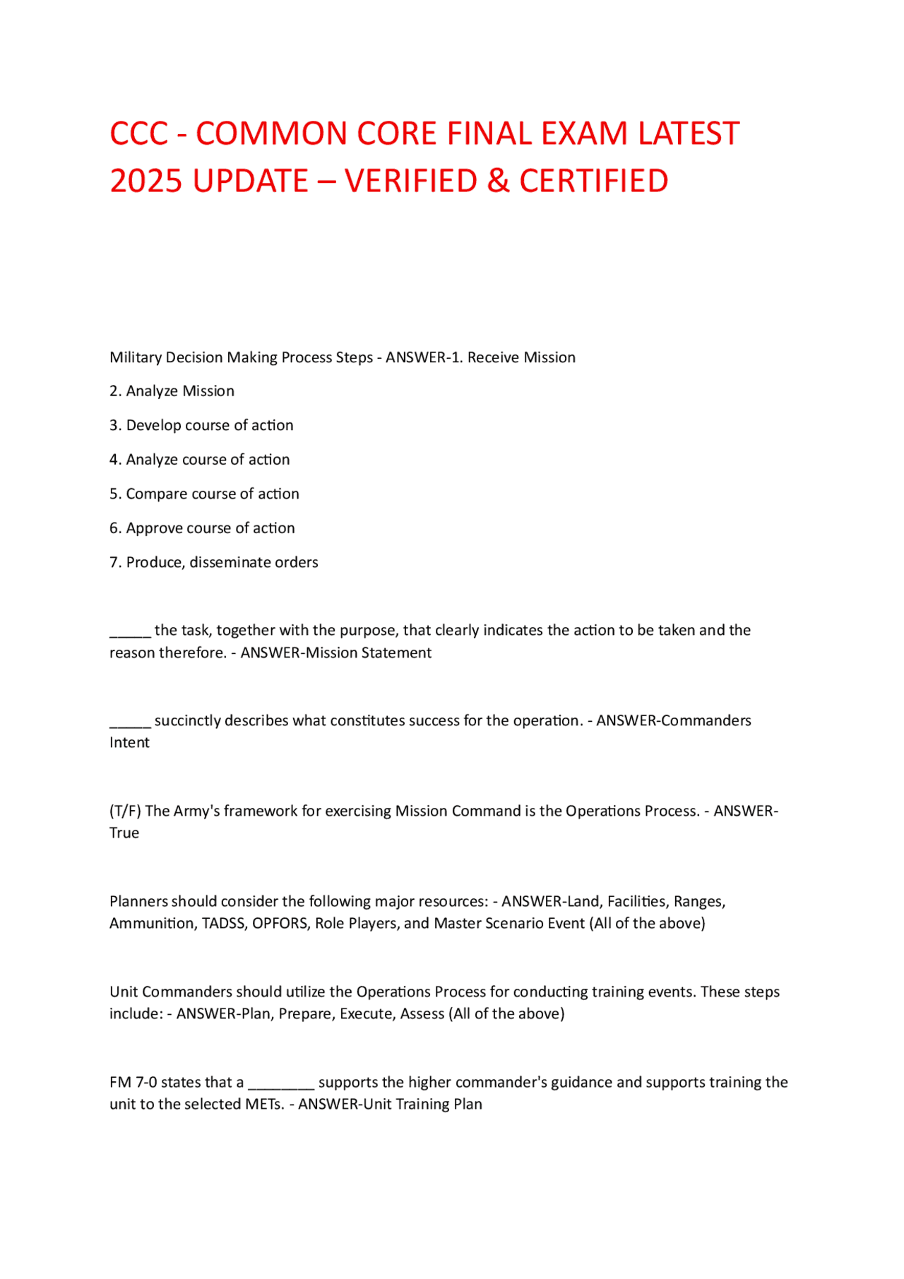 Ccc Common Core Final Exam Latest 2025 Update Verified And Certified Exams Nursing Docsity