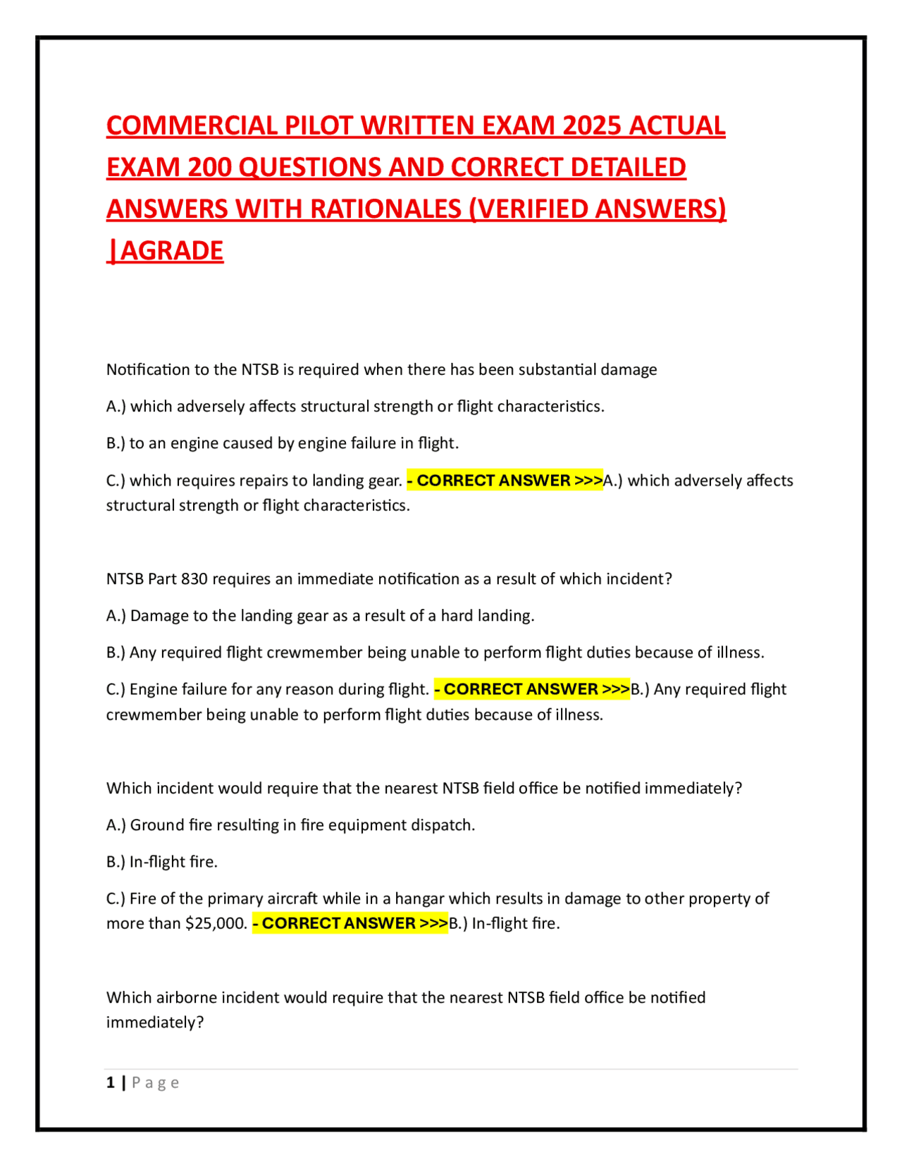 COMMERCIAL PILOT WRITTEN EXAM 2025 ACTUAL EXAM 200 QUESTIONS AND ...