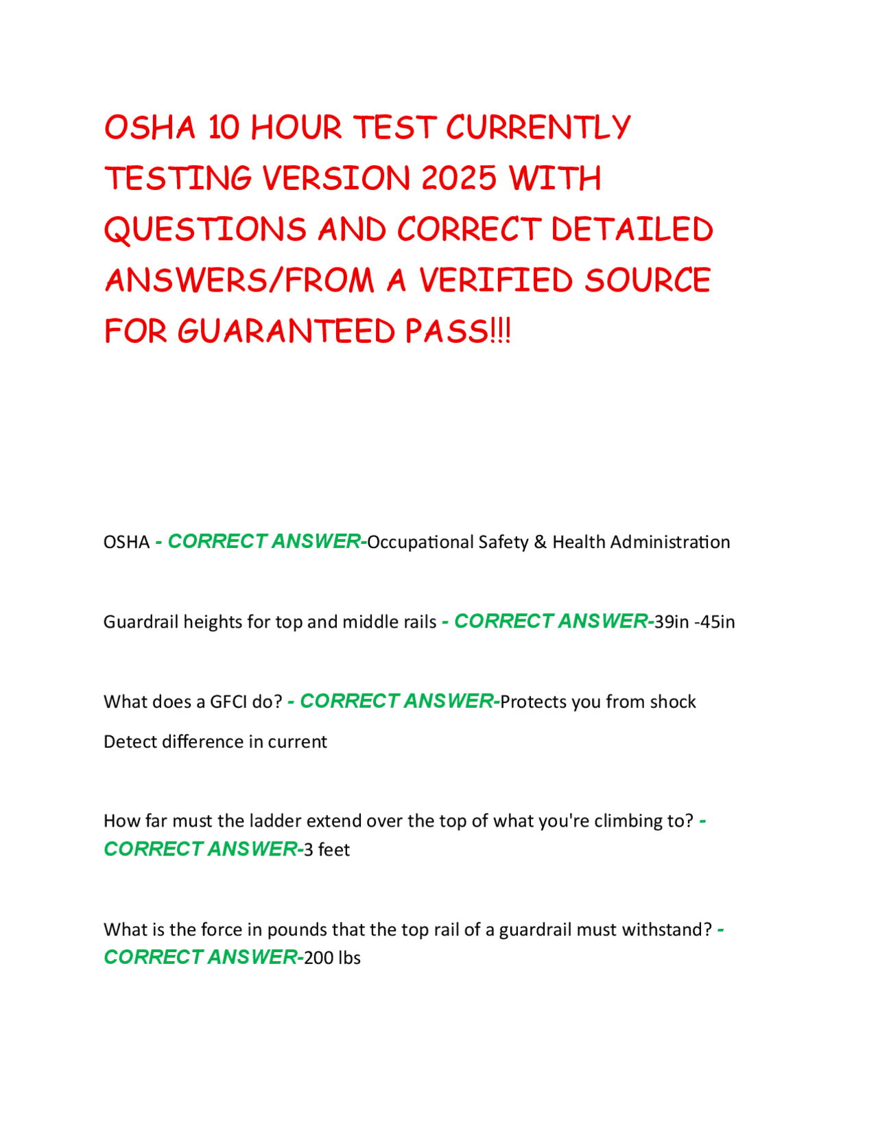 OSHA 10 HOUR TEST CURRENTLY TESTING VERSION 2025 WITH QUESTIONS AND ...