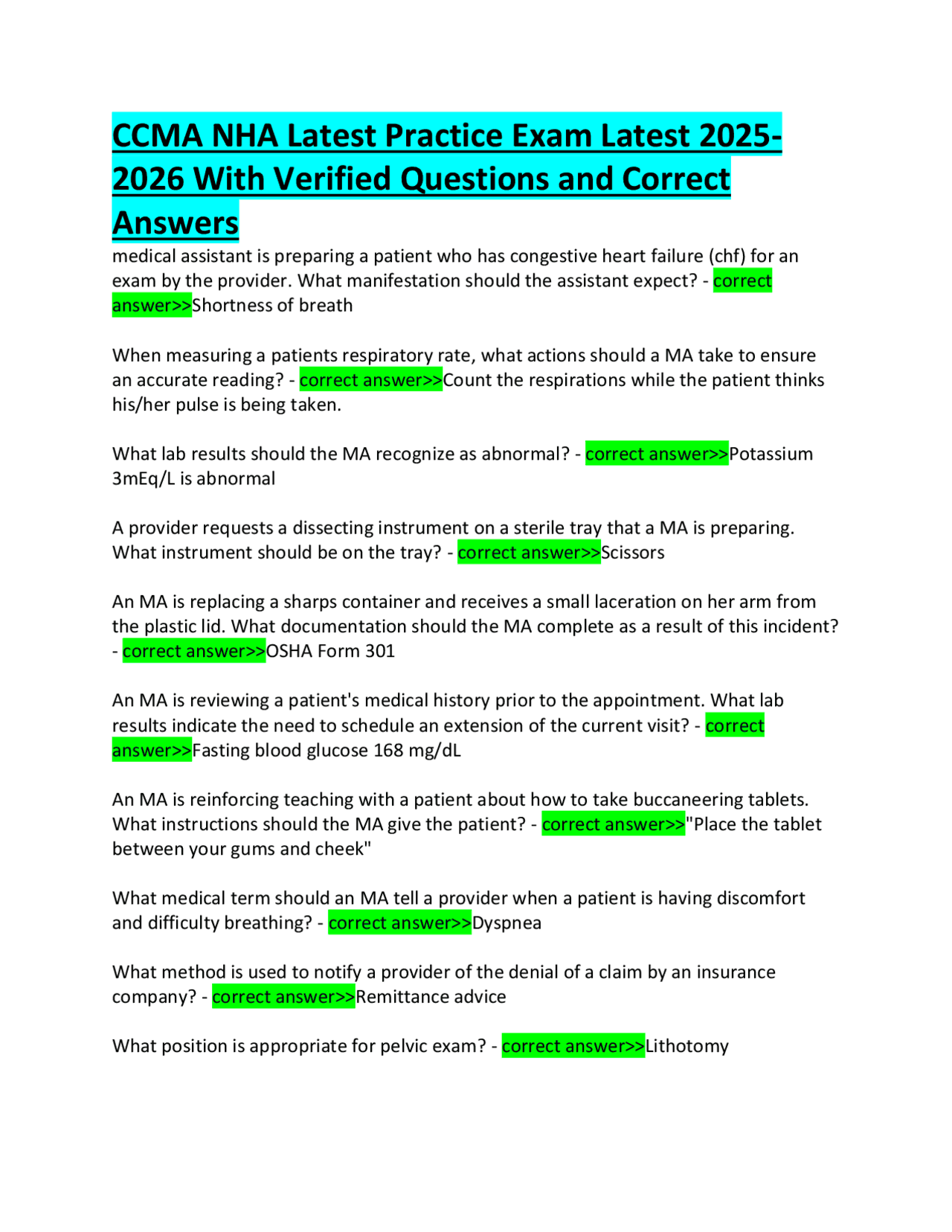 Medical Assistant (CCMA/NHA) Practice Exam 2025-2026: Q&A | Exams ...
