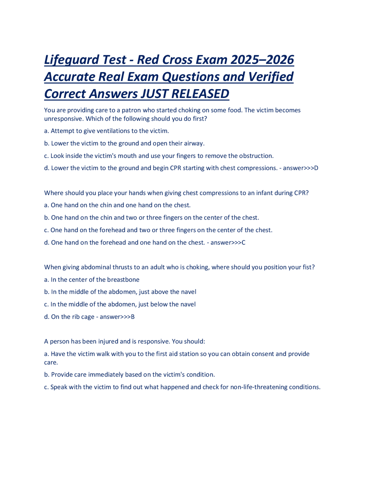 Lifeguard Test - Red Cross Exam 2025–2026 Accurate Real Exam Questions ...