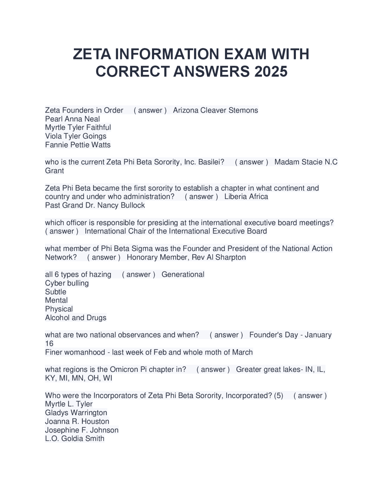 ZETA INFORMATION EXAM WITH CORRECT ANSWERS 2025 | Exams Nursing | Docsity