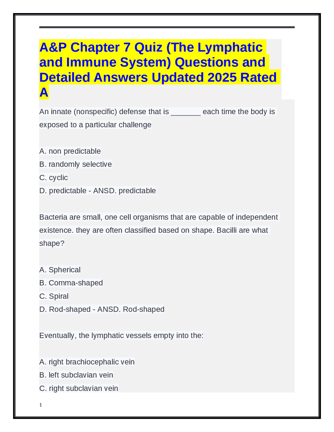A&P Chapter 7 Quiz (The Lymphatic and Immune System) Questions and ...