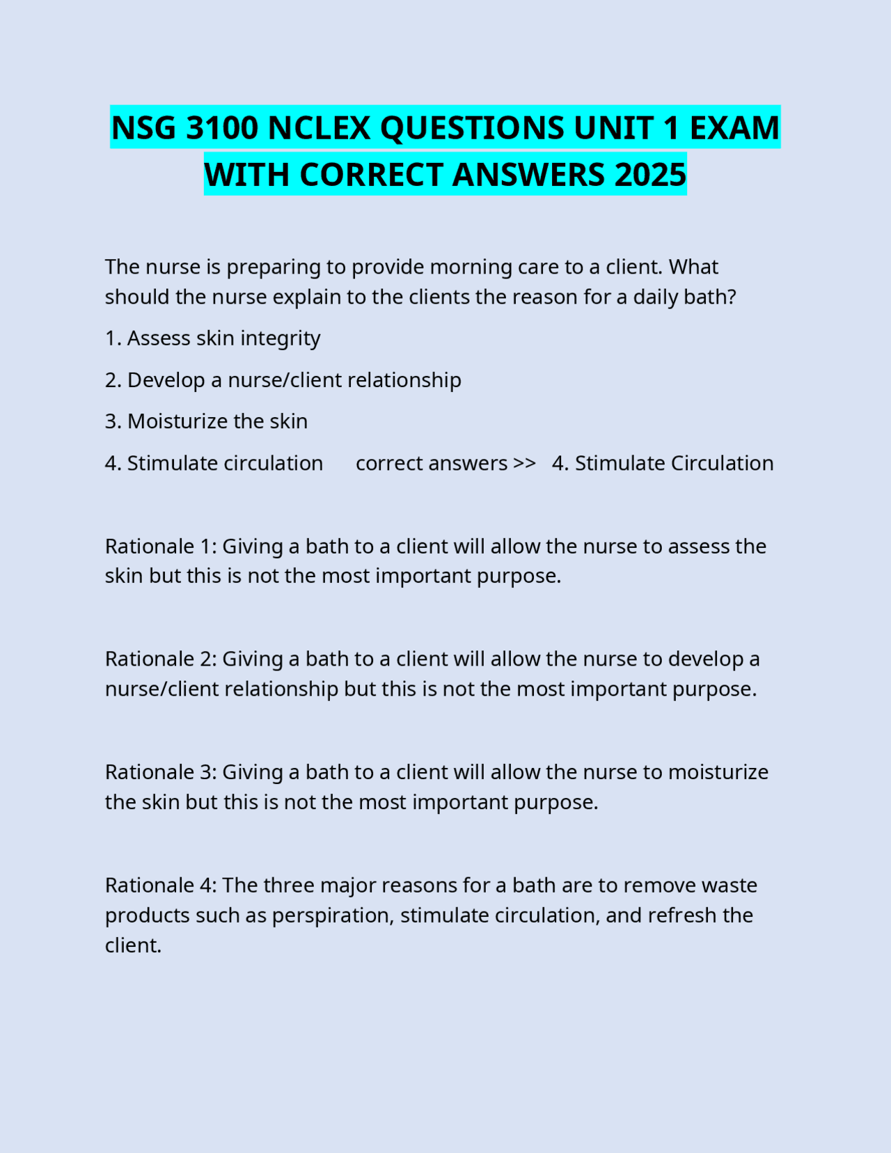 NSG 3100 NCLEX QUESTIONS UNIT 1 EXAM WITH CORRECT ANSWERS 2025 | Exams ...