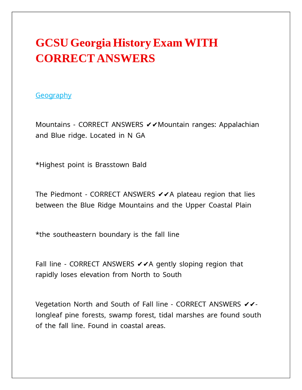 GCSU Georgia History Exam WITH CORRECT ANSWERS | Exams History | Docsity