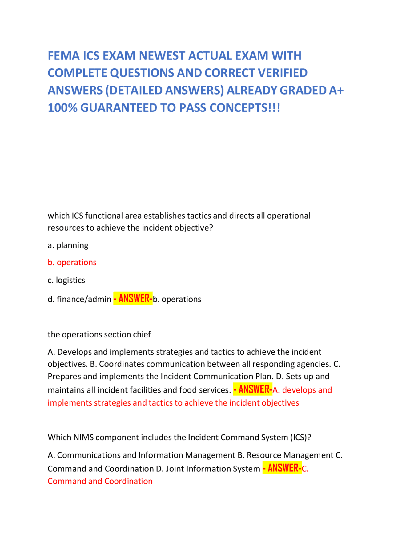 FEMA ICS EXAM NEWEST ACTUAL EXAM WITH COMPLETE QUESTIONS AND CORRECT ...