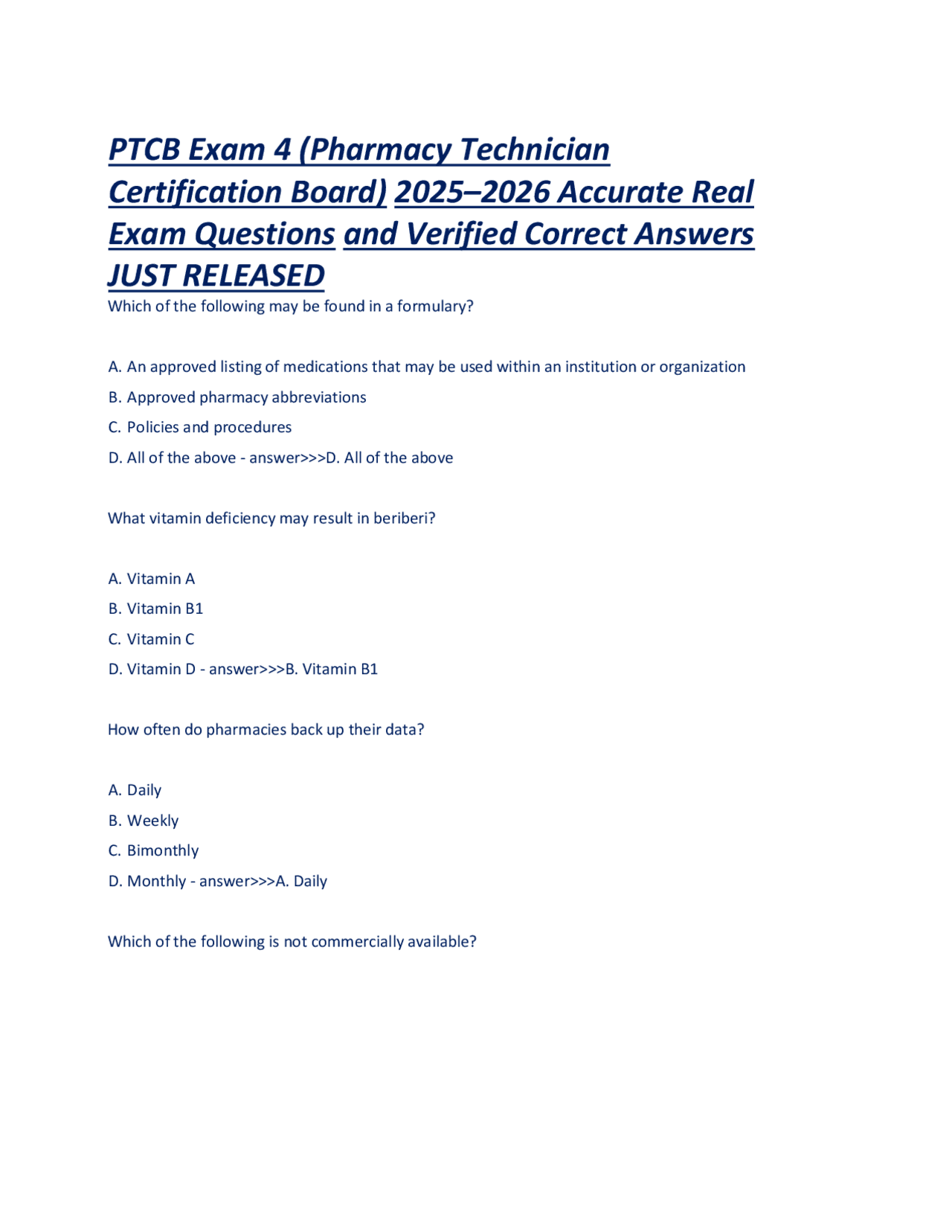 PTCB Exam 4 (Pharmacy Technician Certification Board) 2025–2026 ...