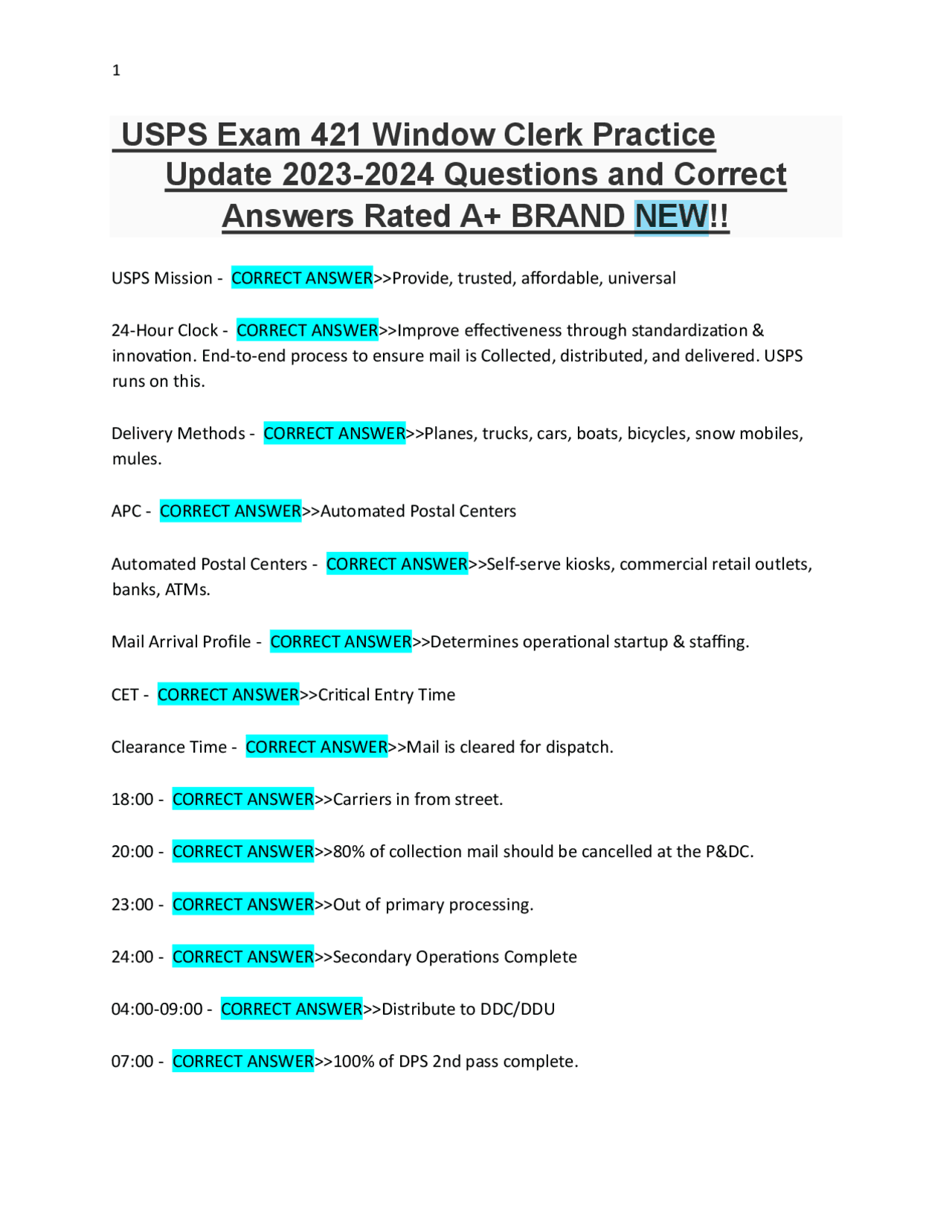 USPS Exam 421 Window Clerk Practice Update 2023-2024 Questions and ...
