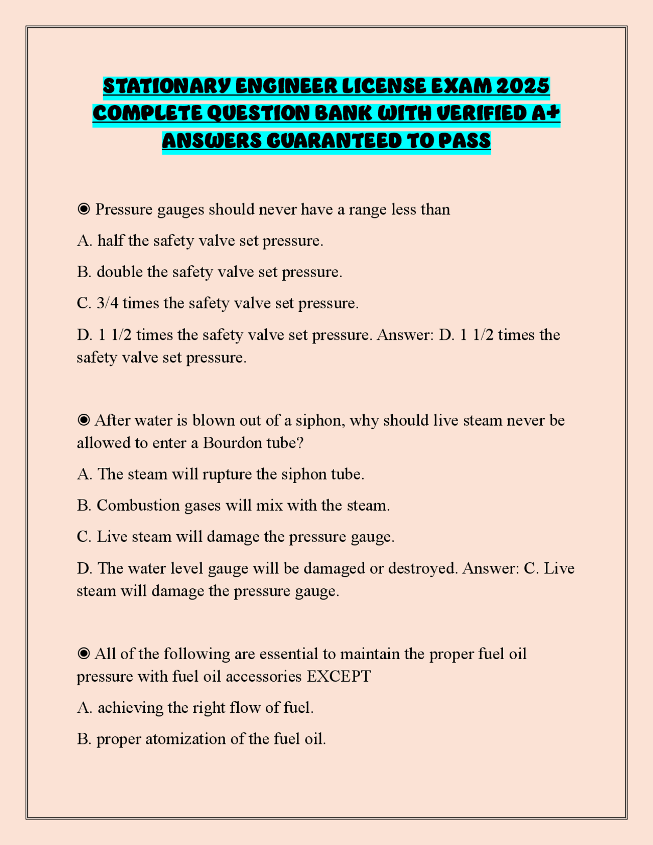 STATIONARY ENGINEER LICENSE EXAM 2025 COMPLETE QUESTION BANK WITH ...