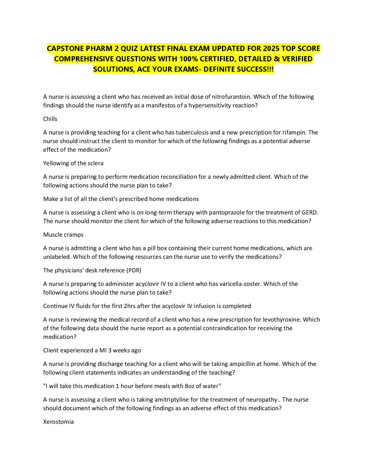 CAPSTONE PHARM 2 QUIZ LATEST FINAL EXAM UPDATED FOR 2025 TOP SCORE ...