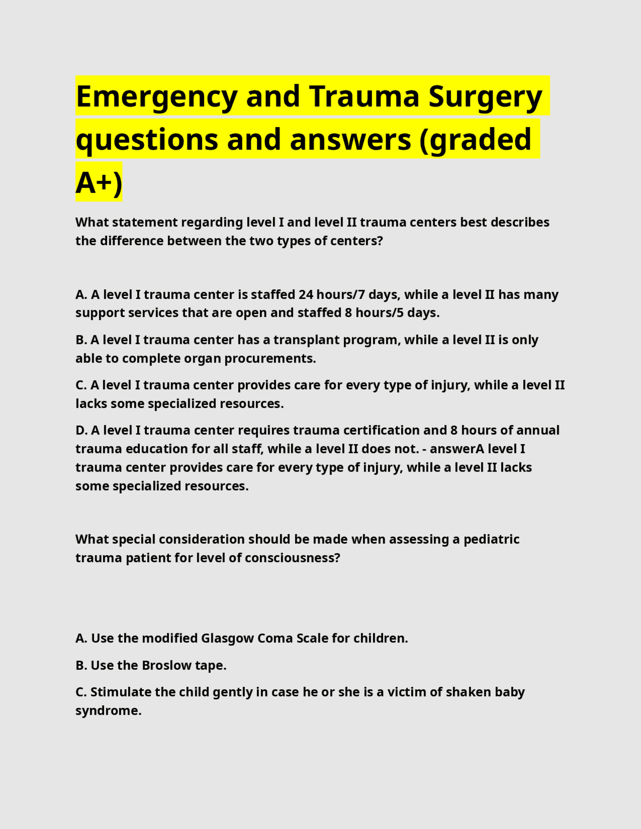 Emergency and Trauma Surgery questions and answers (graded A+).docx ...