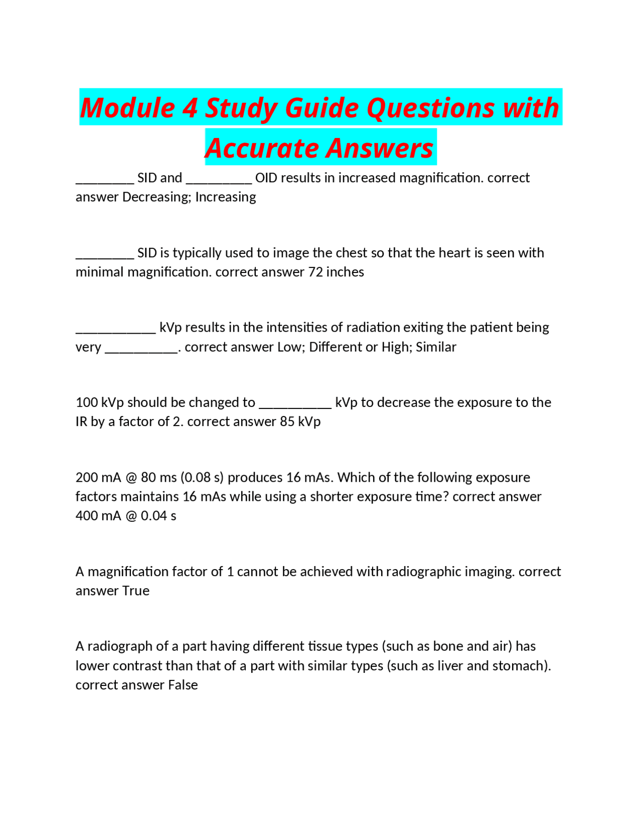 Module 4 Study Guide Questions with Accurate Answers | Exams Medicine ...
