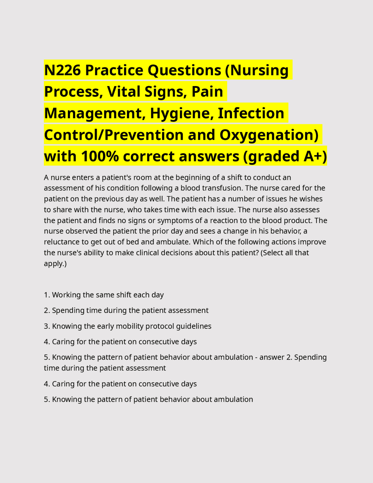 N226 Practice Questions (Nursing Process, Vital Signs, Pain Management ...