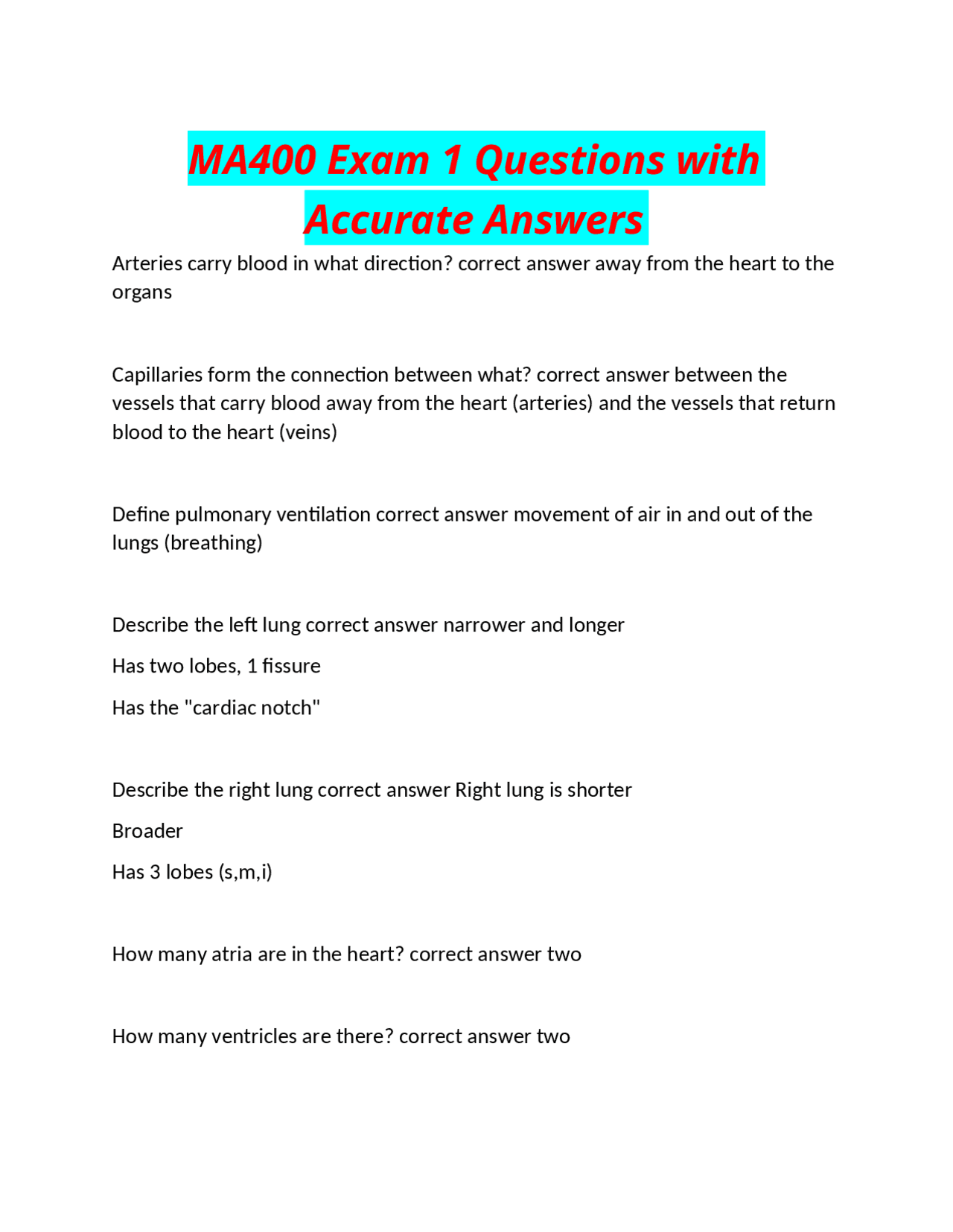 MA400 Exam 1 Questions with Accurate Answers | Exams Medicine | Docsity