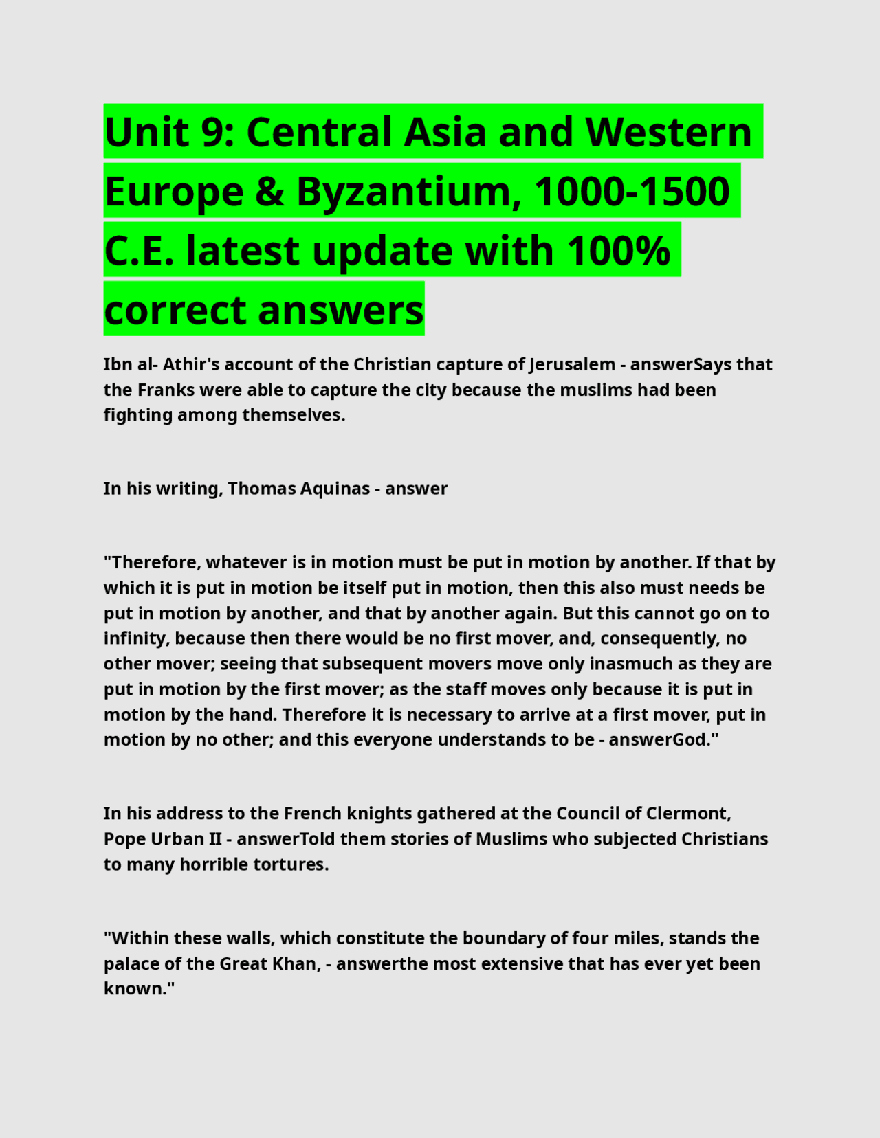Unit 9 Central Asia and Western Europe & Byzantium, 1000-1500 C.E ...