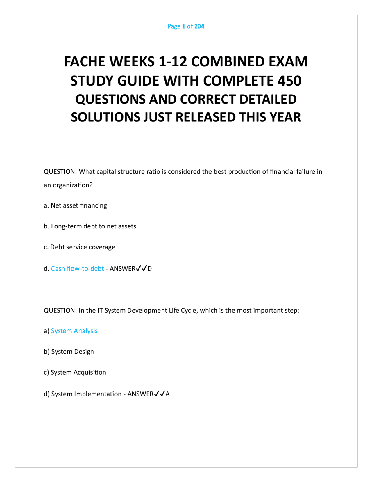 FACHE WEEKS 1-12 COMBINED EXAM STUDY GUIDE WITH COMPLETE 450 QUESTIONS ...