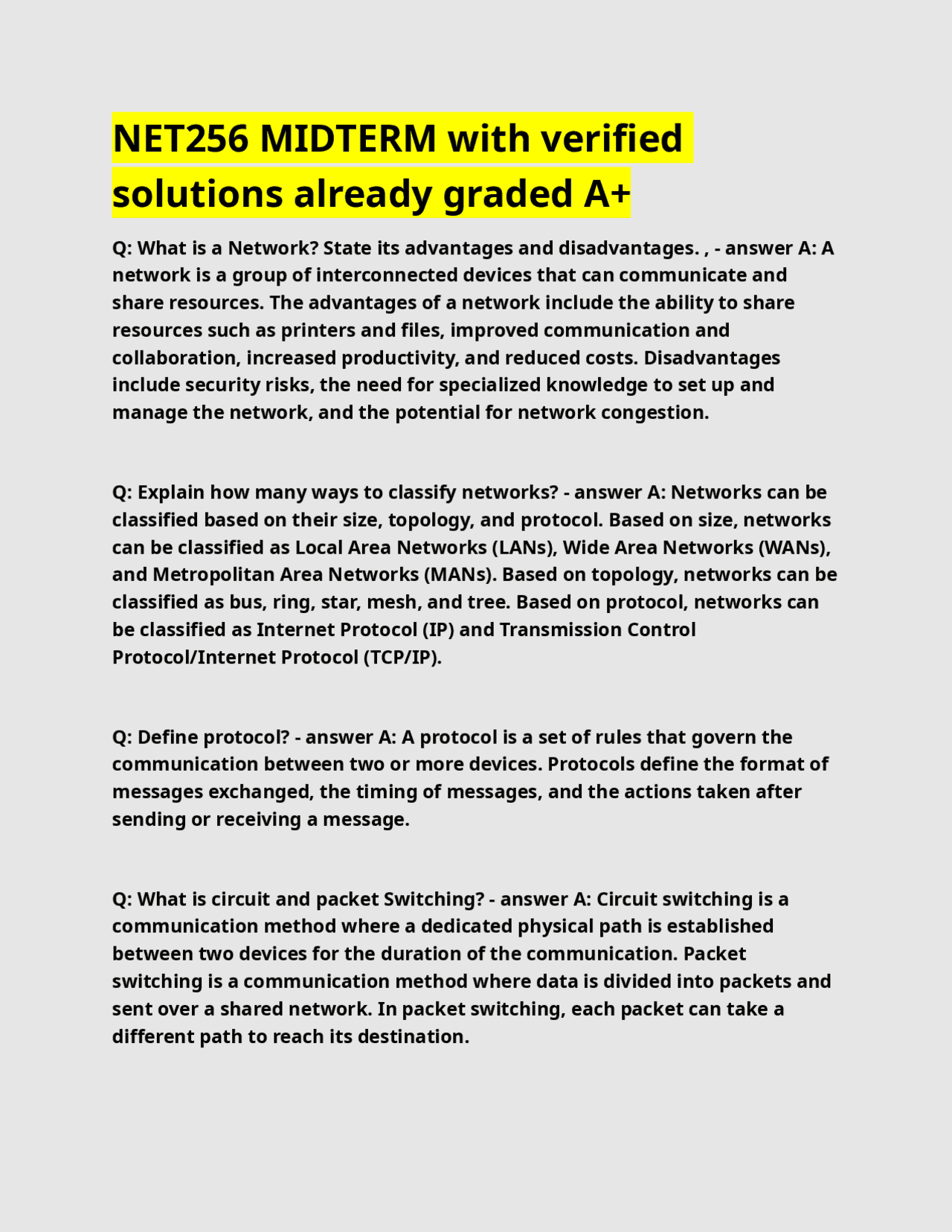 Network Protocols and Architecture: Solved Midterm Questions | Exams Biology | Docsity