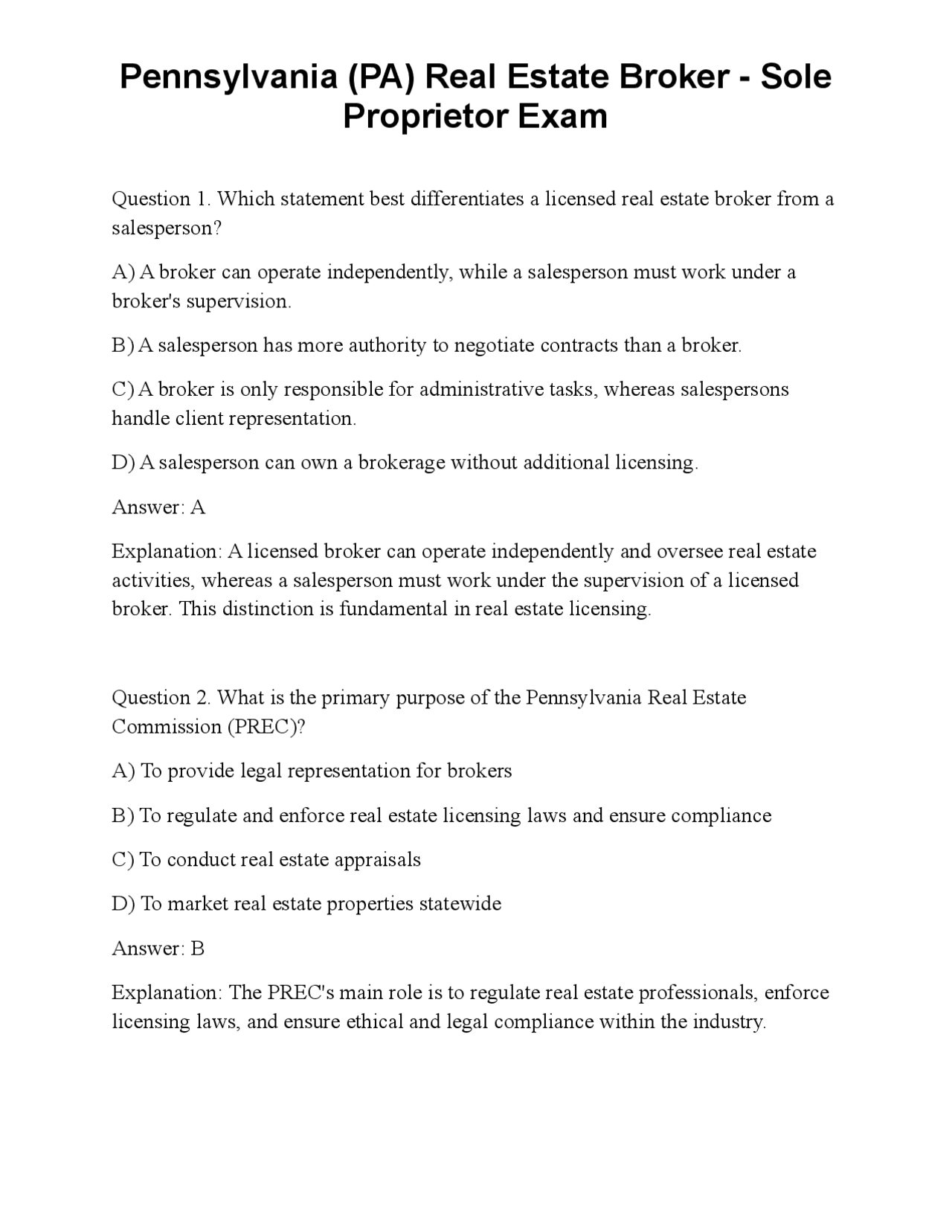 Pennsylvania Real Estate Broker Exam: Practice Questions and Answers ...