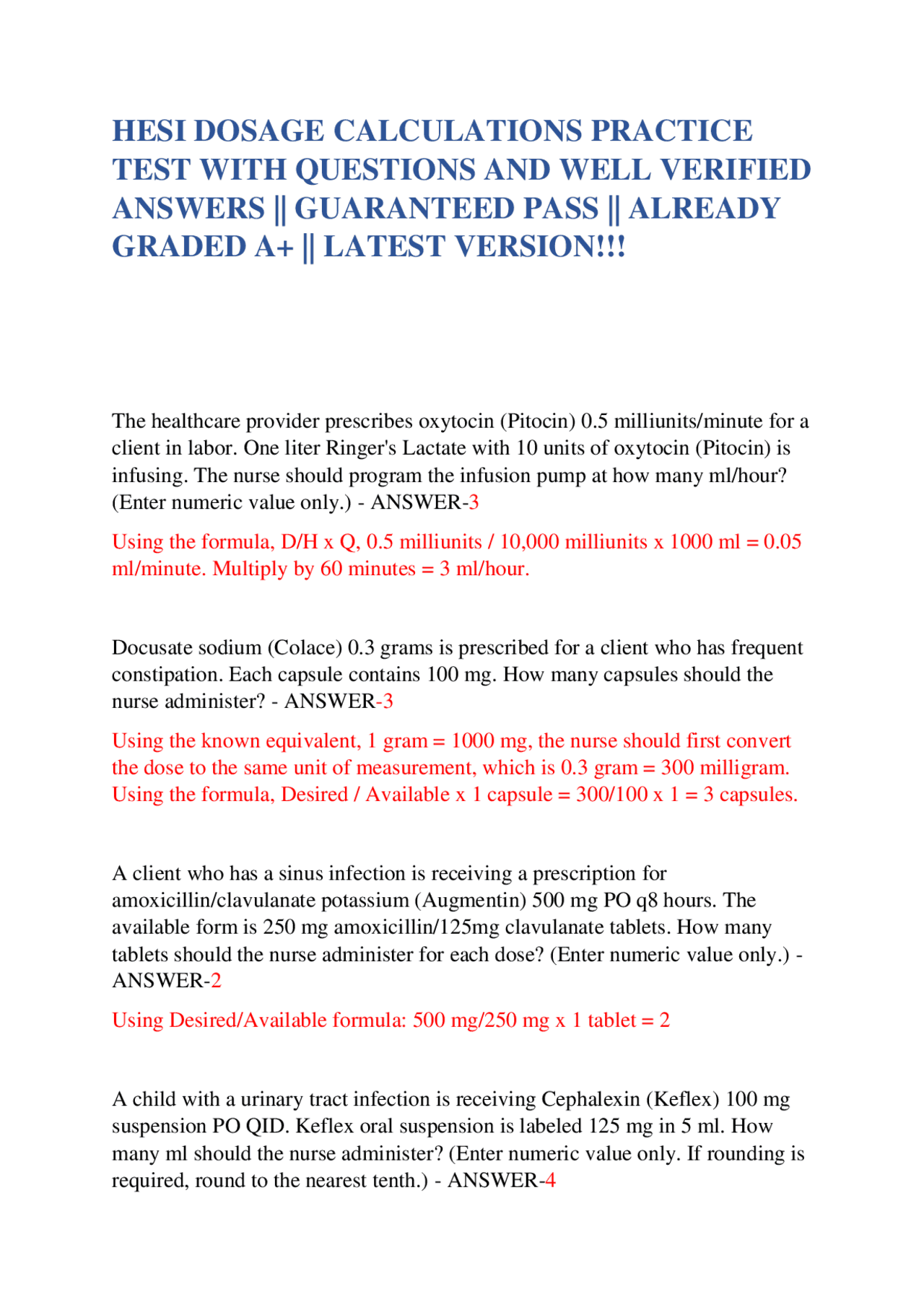HESI DOSAGE CALCULATIONS PRACTICE TEST WITH QUESTIONS AND WELL VERIFIED ...