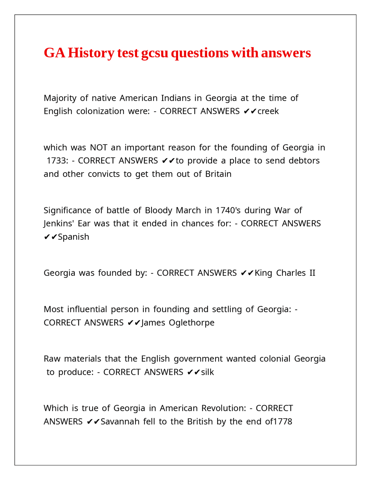 GA History test gcsu questions with answers | Exams History | Docsity