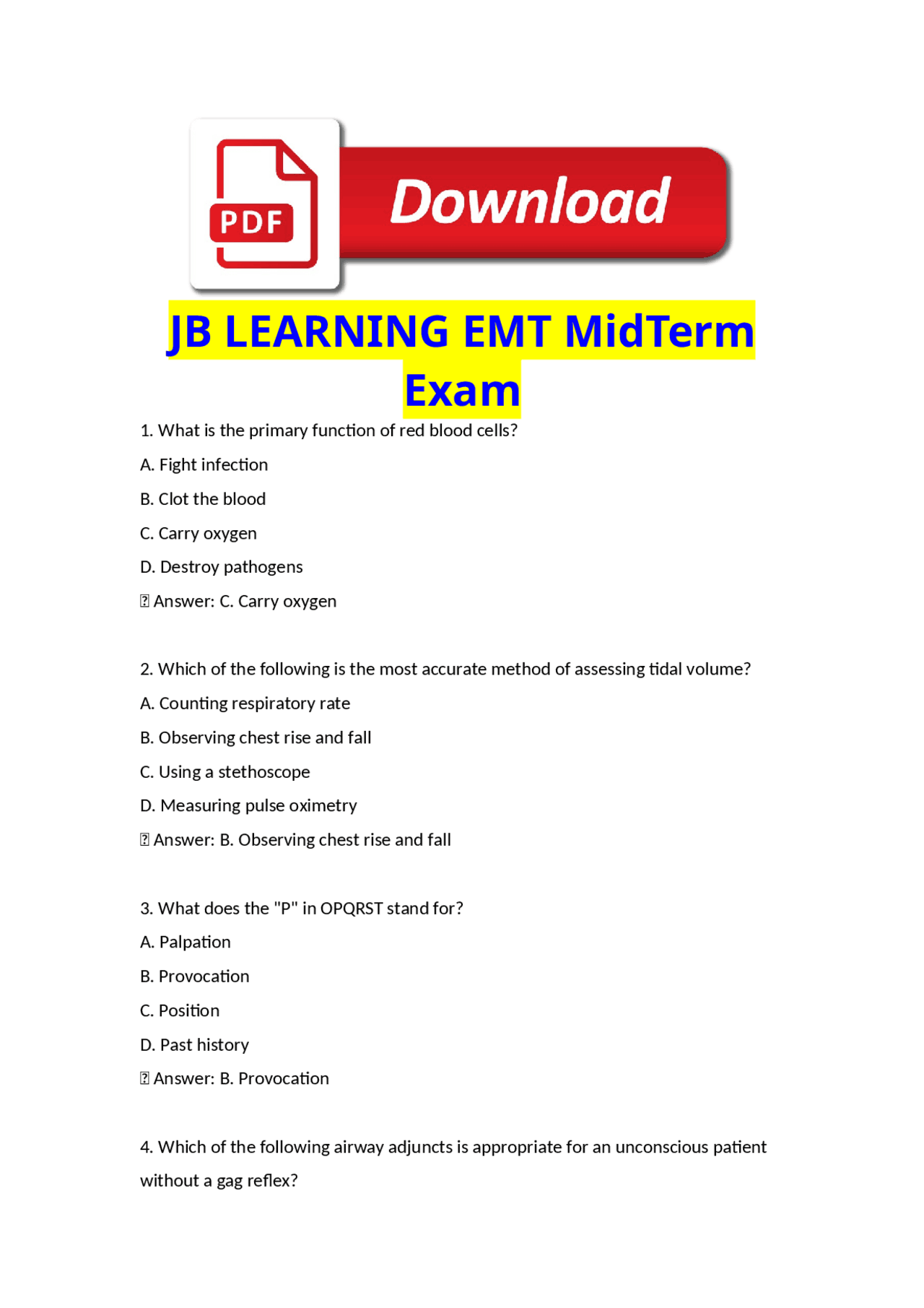 JB LEARNING EMT MidTerm Exam Latest 2025 Actual Questions and Verified ...