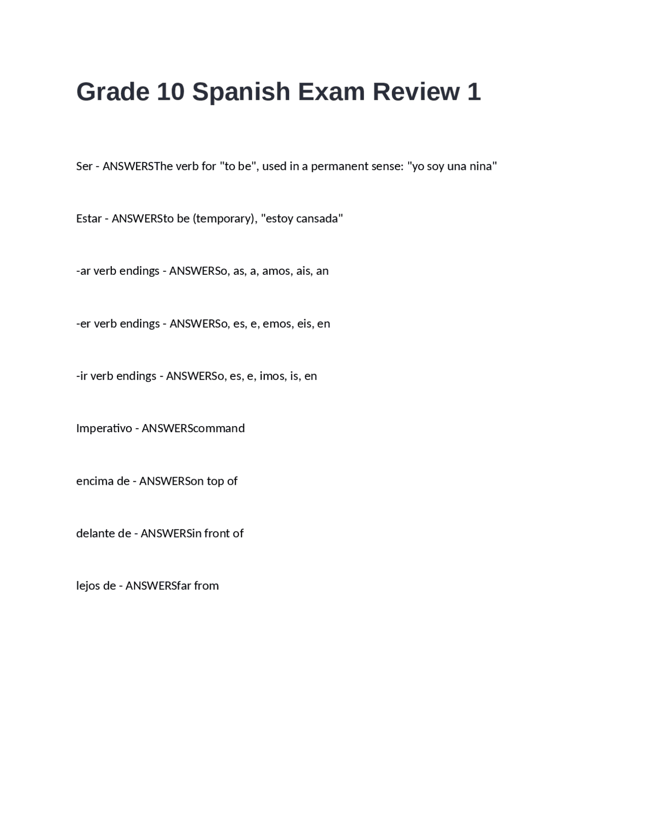 Grade 10 Spanish Exam Review Questions with Complete Solutions | Exams ...