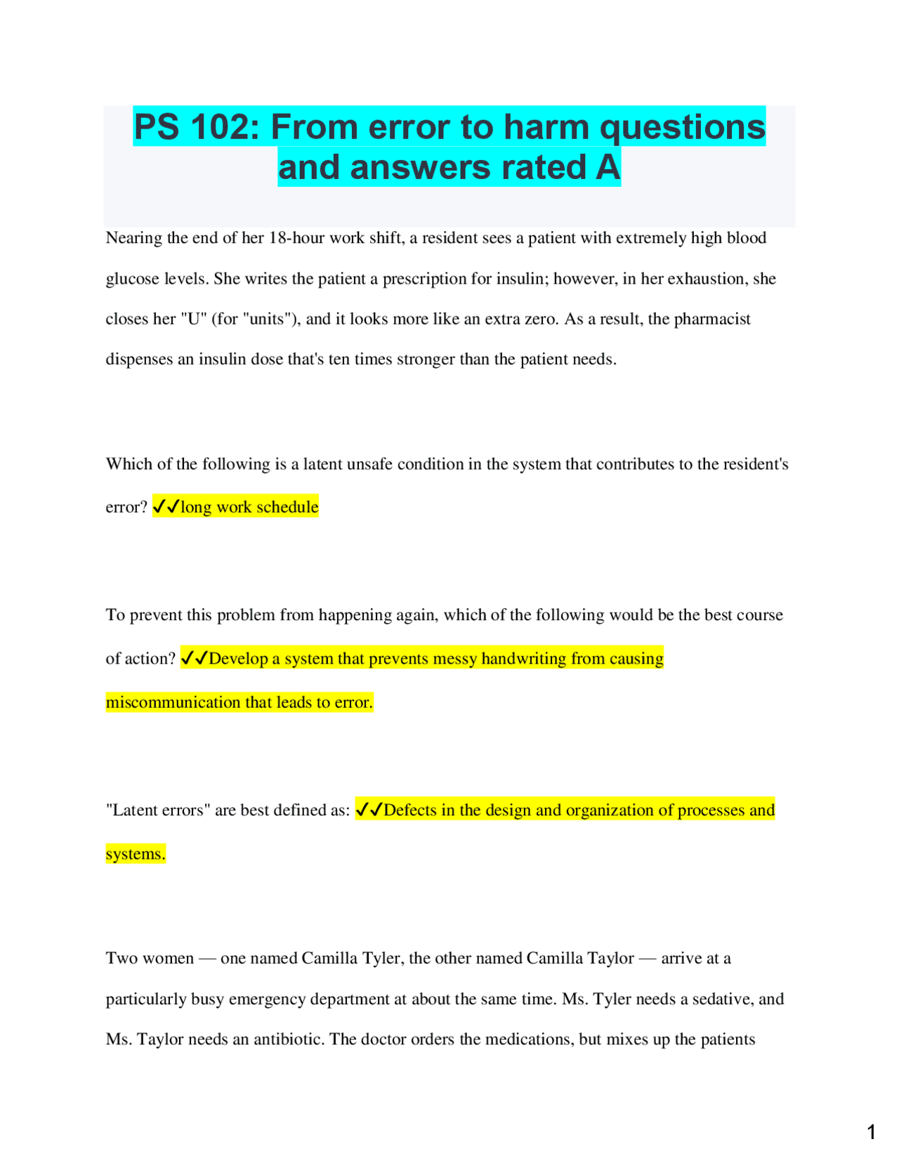 Patient Safety: Error Analysis Q&A | Exams Nursing | Docsity