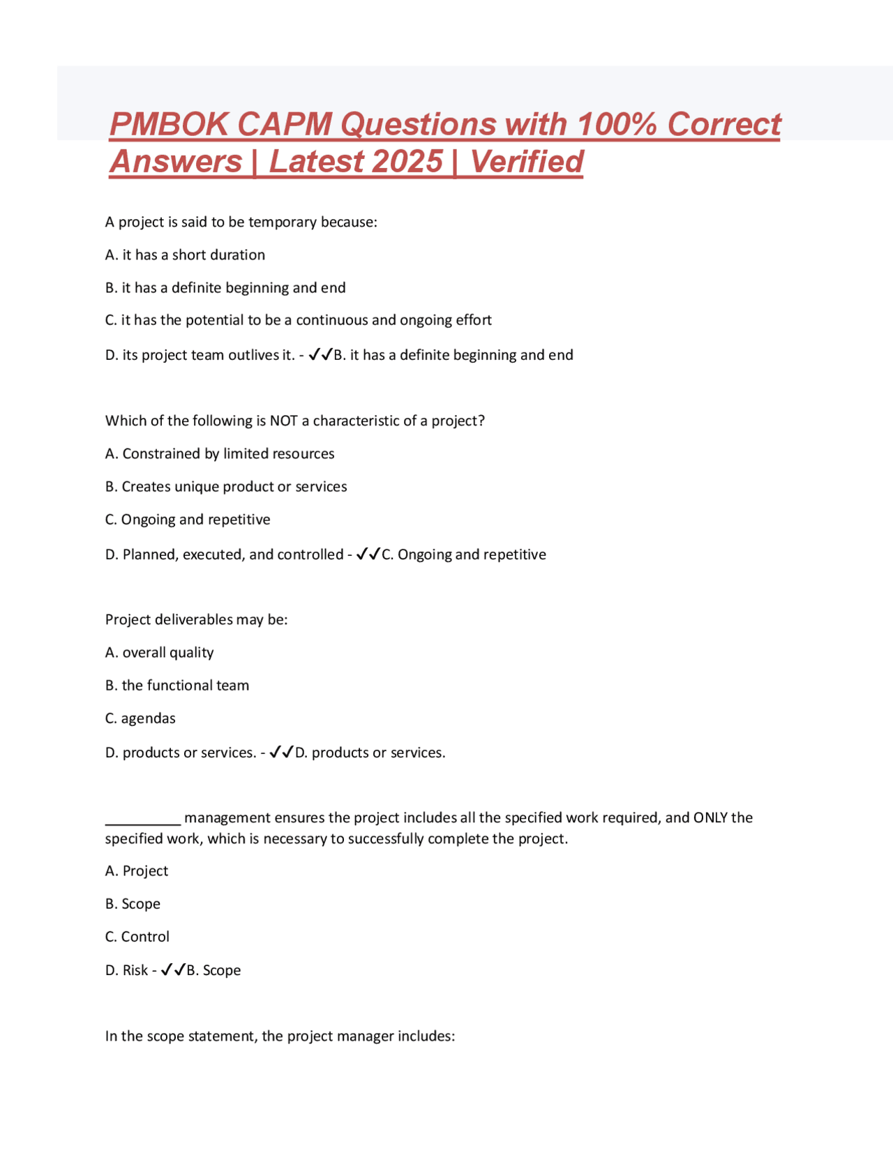 PMBOK CAPM Questions with 100% Correct Questions And Answers | Exams ...