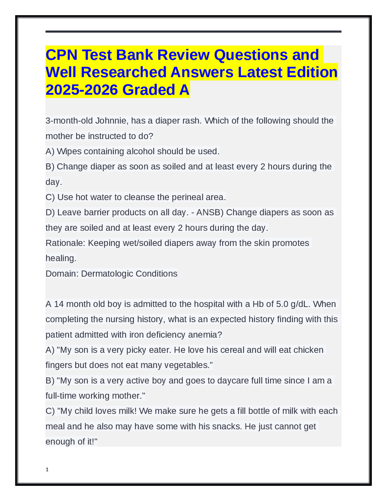 CPN Test Bank Review Questions & Well Researched Answers Latest Edition ...
