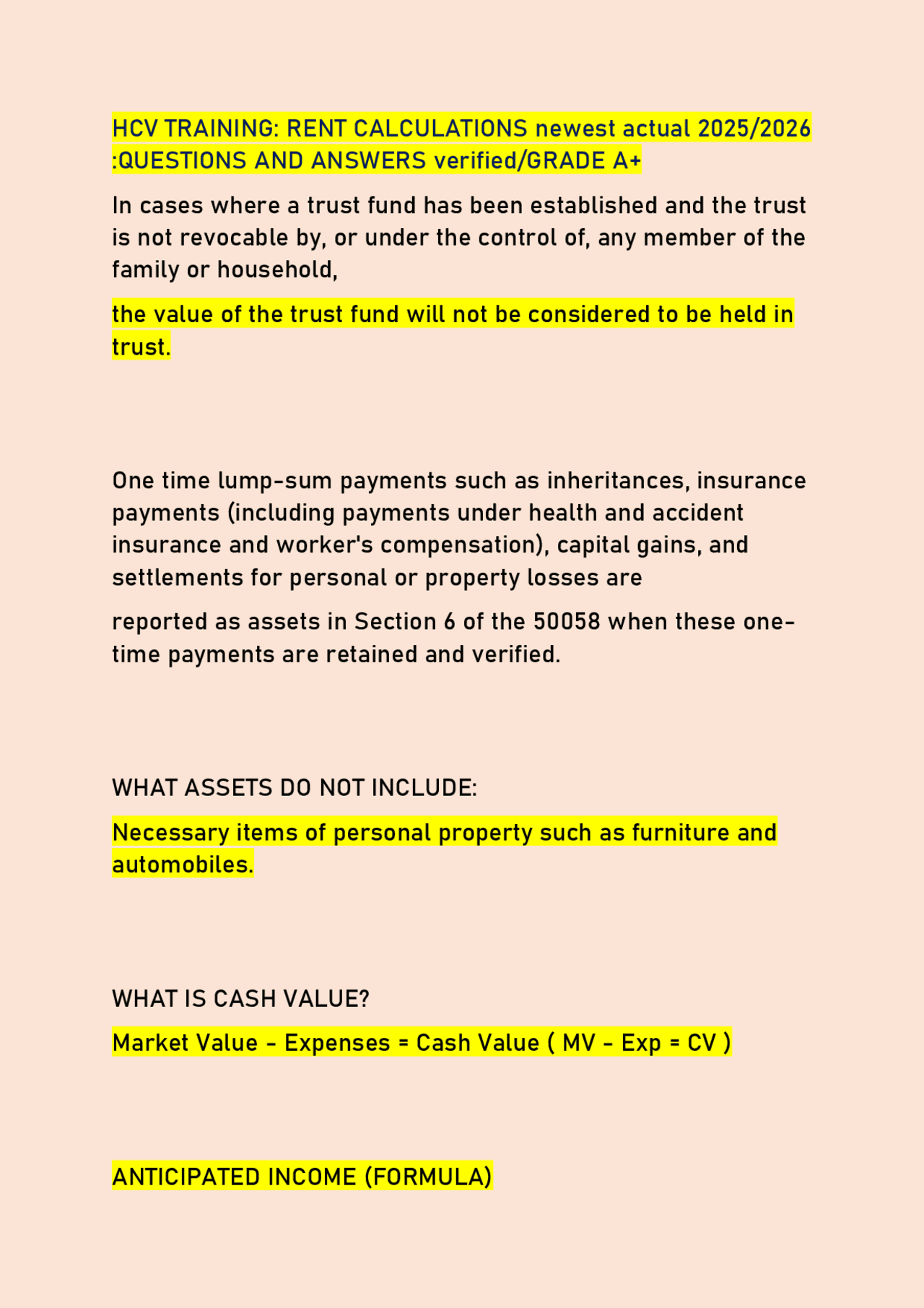 HCV TRAINING: RENT CALCULATIONS newest actual 2025/2026 :QUESTIONS AND ...