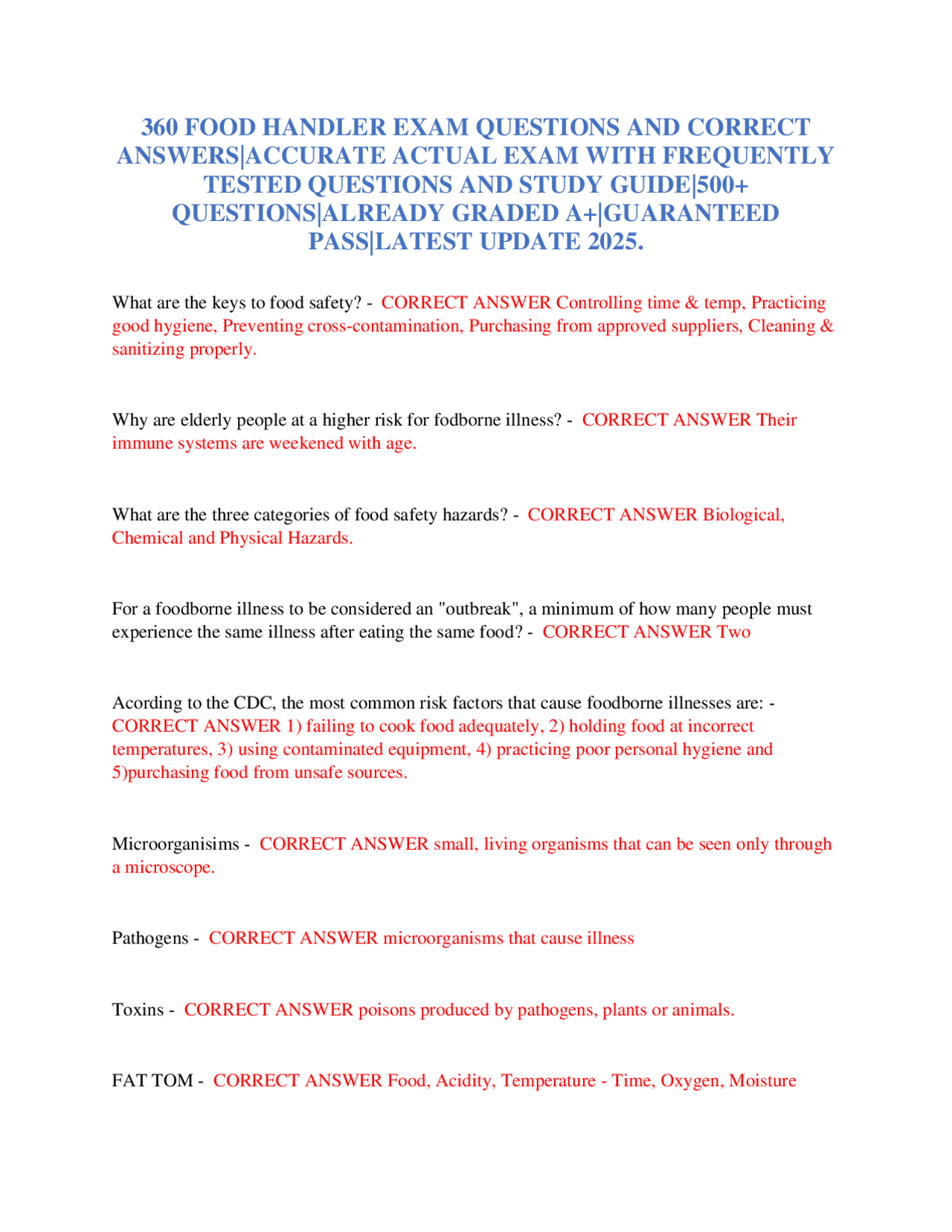 360 FOOD HANDLER EXAM QUESTIONS AND CORRECT ANSWERS|ACCURATE ACTUAL ...