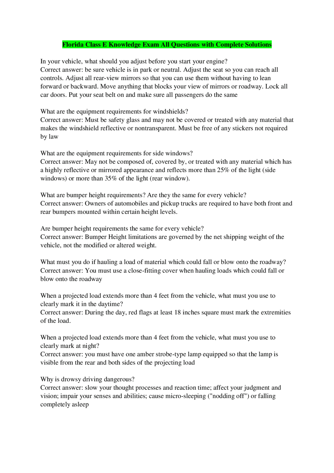 Florida Class E Knowledge Exam All Questions with Complete Solutions ...