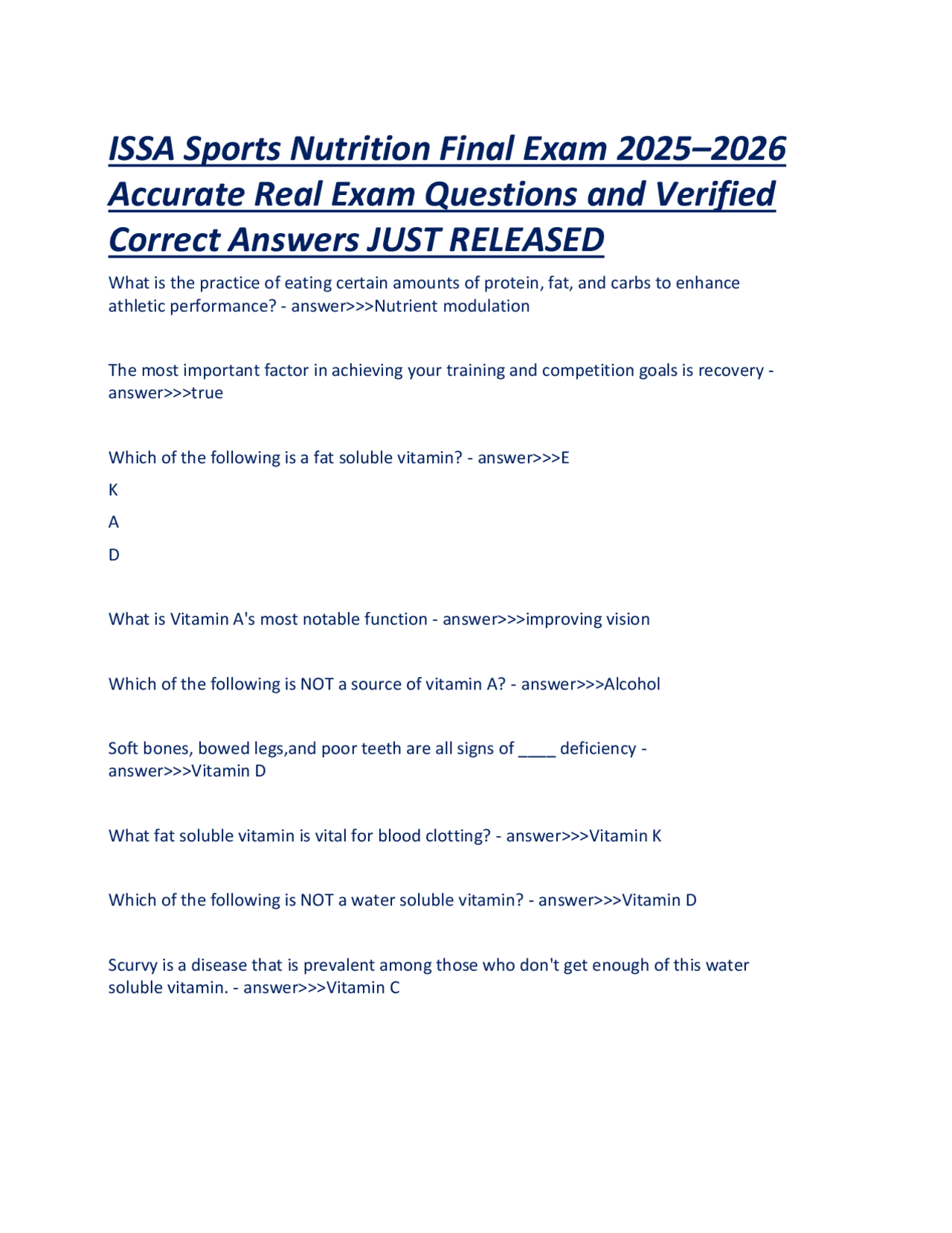 ISSA Sports Nutrition Final Exam 2025–2026 Accurate Real Exam Questions ...