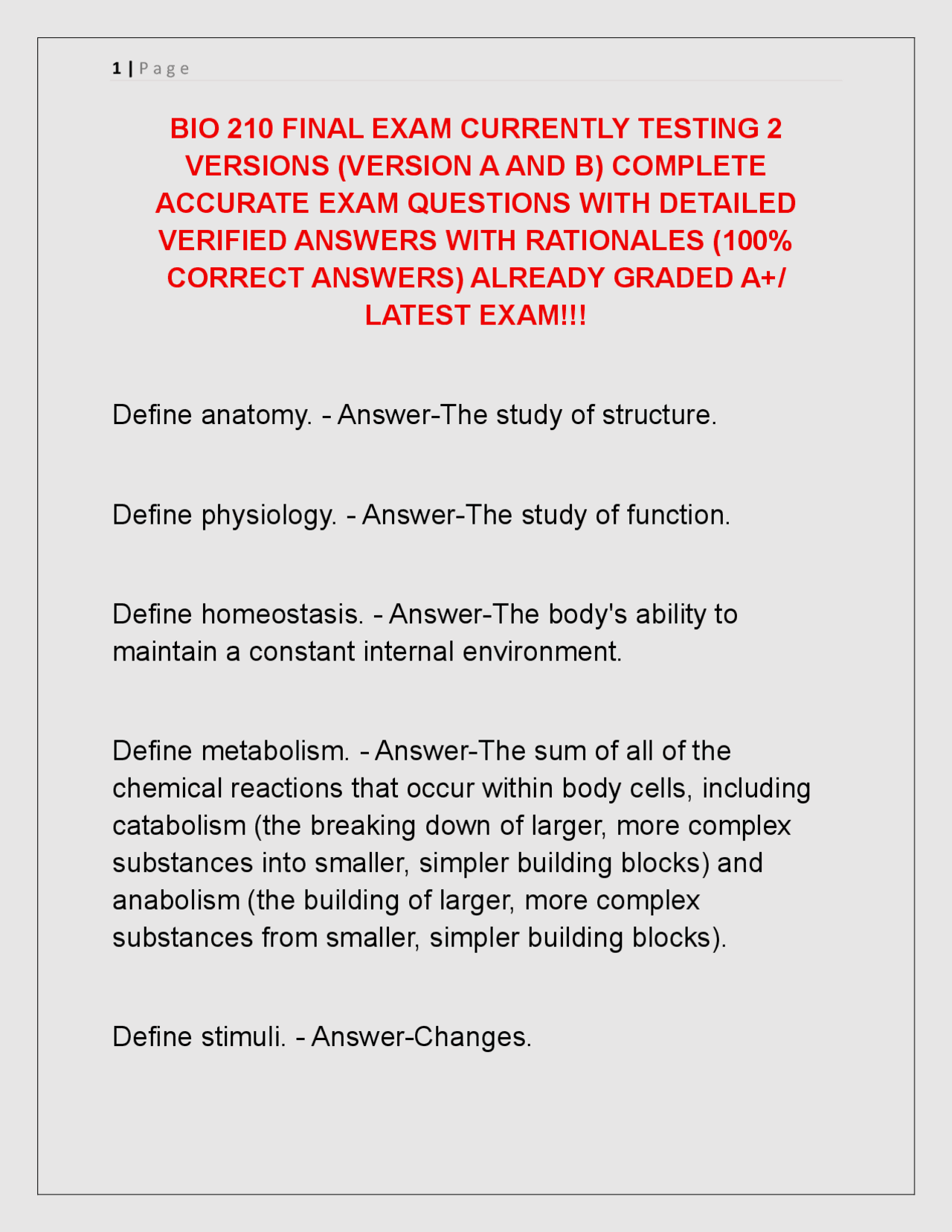 BIO 210 FINAL EXAM CURRENTLY TESTING 2 VERSIONS (VERSION A AND B ...
