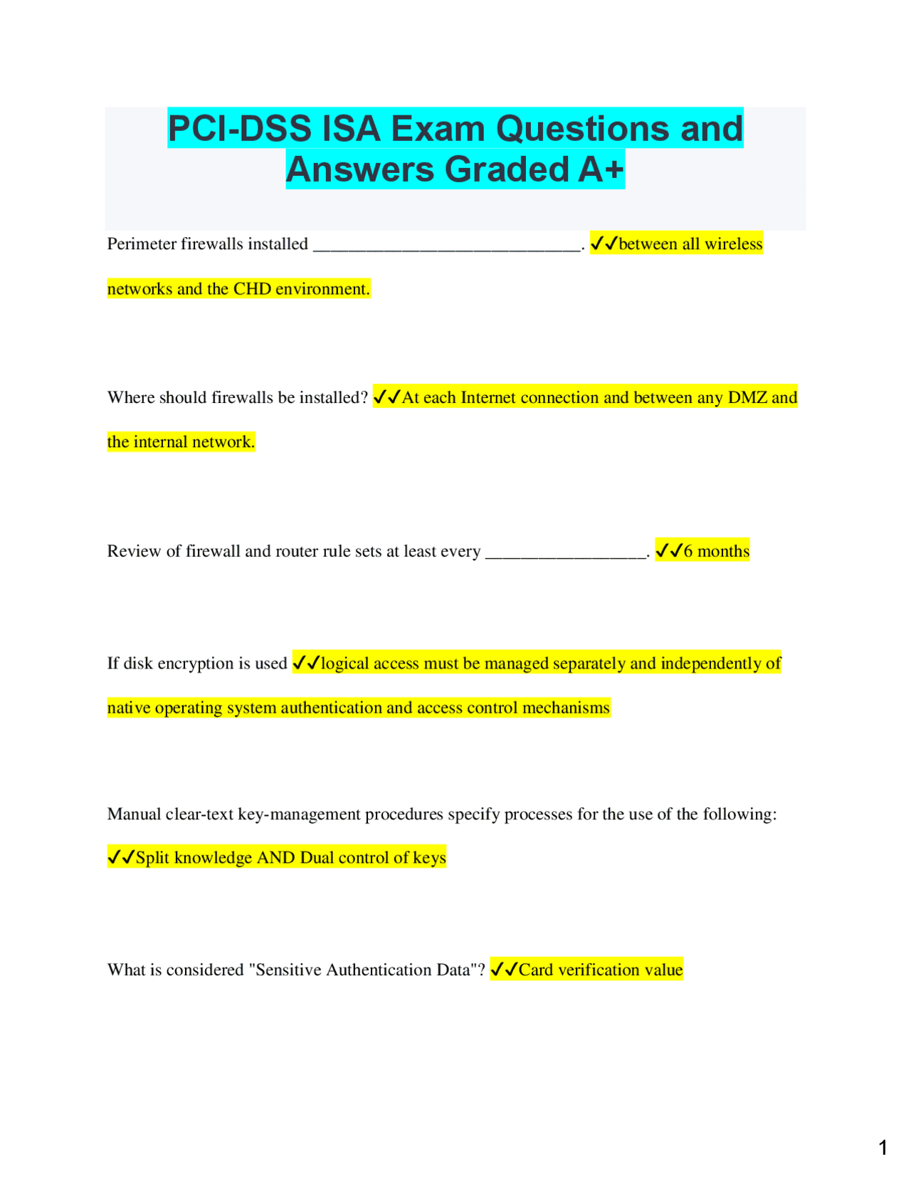 PCI-DSS ISA Exam Questions and Answers Graded A+ Perimeter firewalls ...